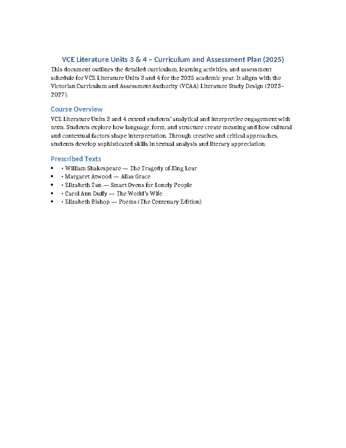 VCE Literature Units 3 & 4 Curriculum & Assessment Plan (2025) - Studocu