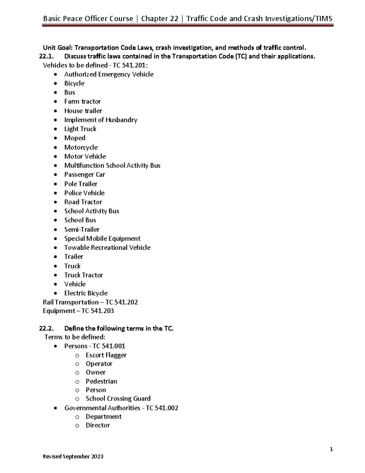 Basic Peace Officer Course: Chapter 22 - Traffic Code & Crash ...