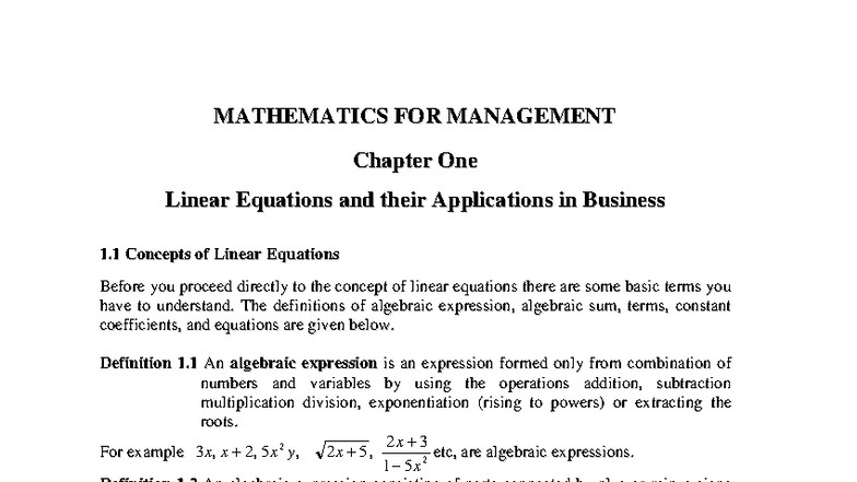 MATHEMATICS FOR MANAGEMENT Chapter 1: Linear Equations in Business ...