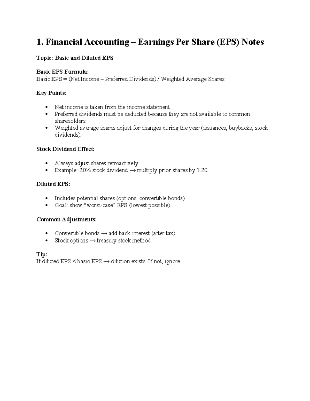 Financial Accounting EPS Notes: Basic & Diluted EPS (ACCT 101) - Studocu