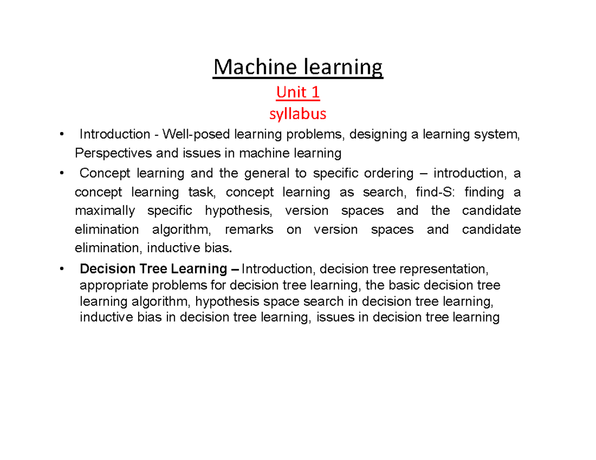 Machine Learning Unit 1: Introduction to Learning Systems and Decision ...