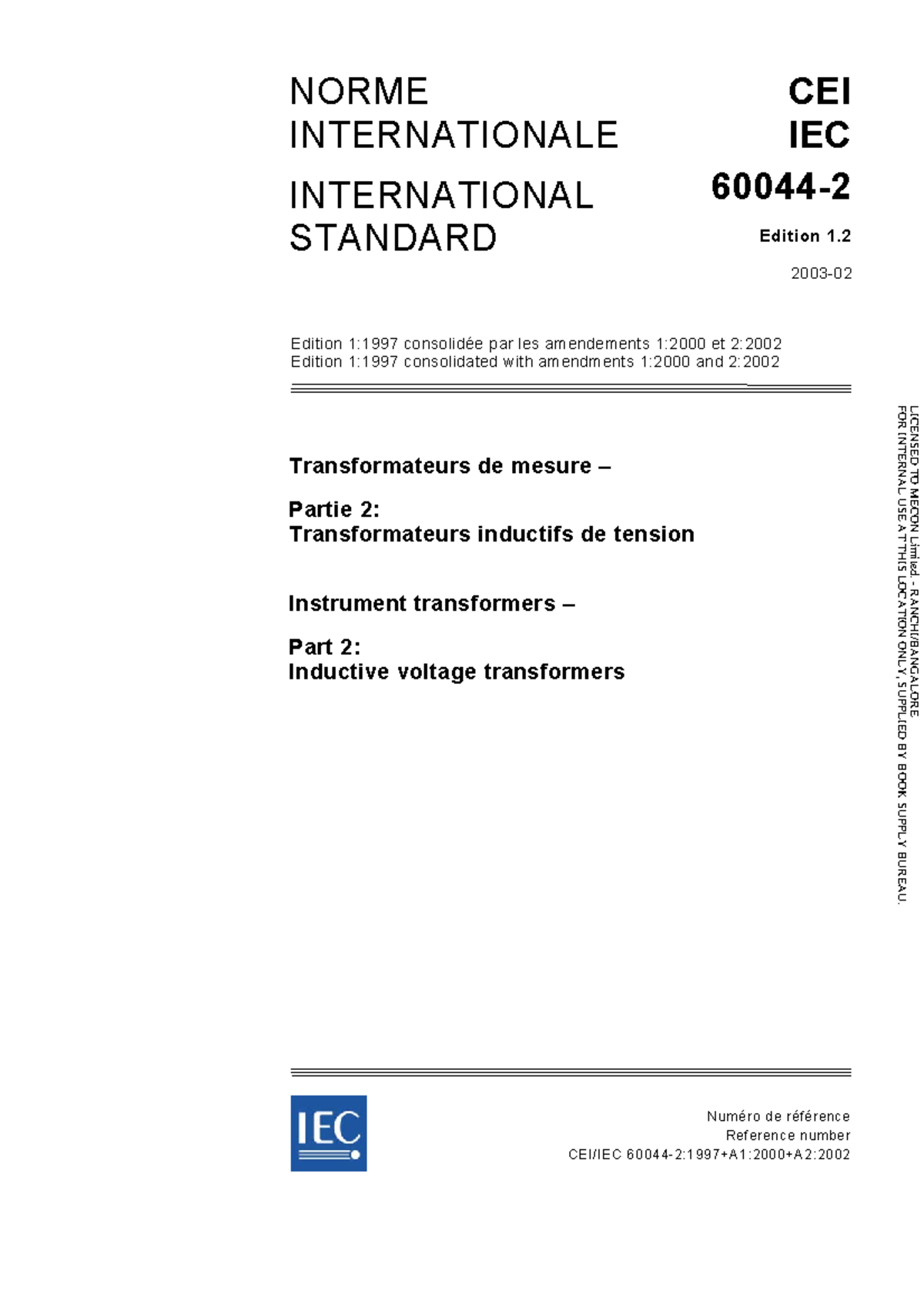 IEC 60044-2:2003 - Norme Internationale sur les Transformateurs ...