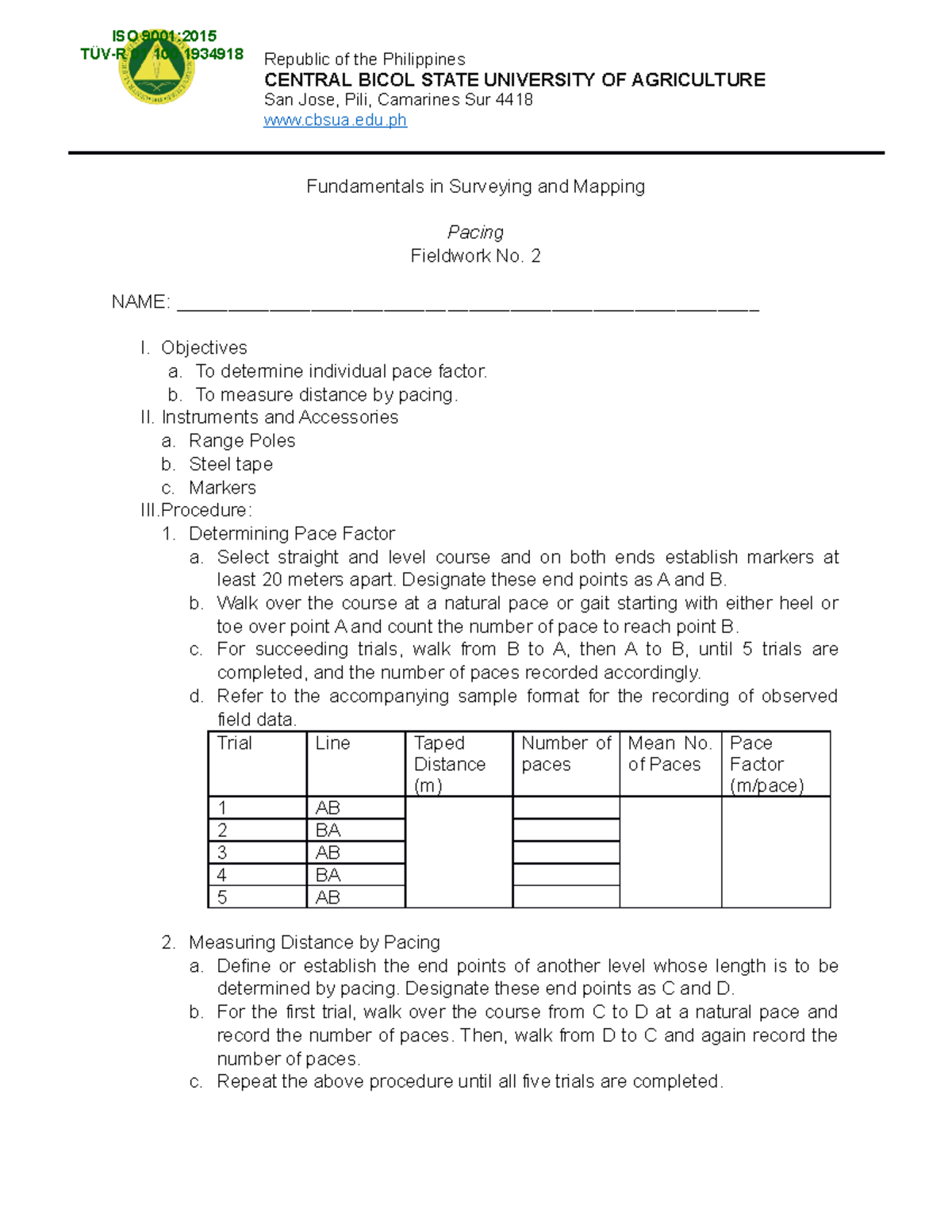 Fundamentals of Surveying and Mapping: Fieldwork Pacing Guide - Studocu