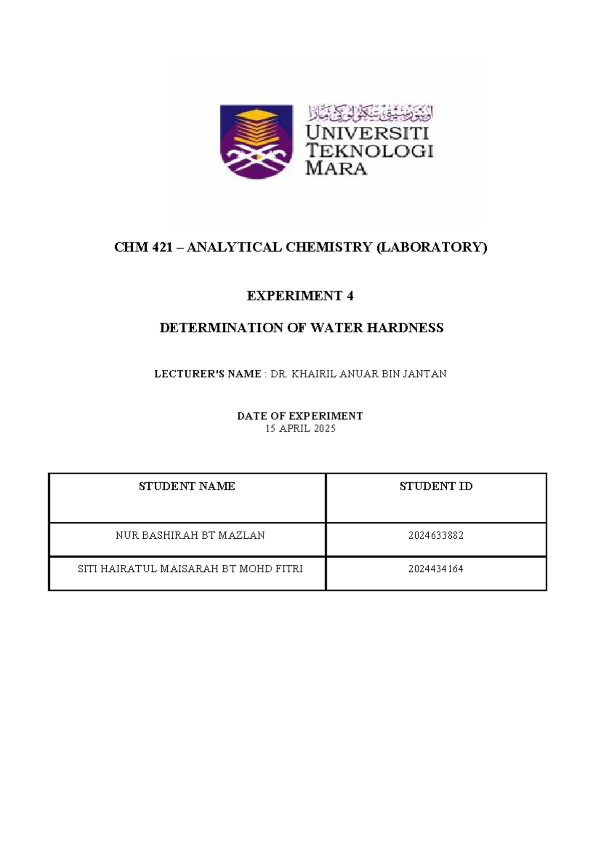 CHM 421 Lab Report 4: Determination of Water Hardness via EDTA ...
