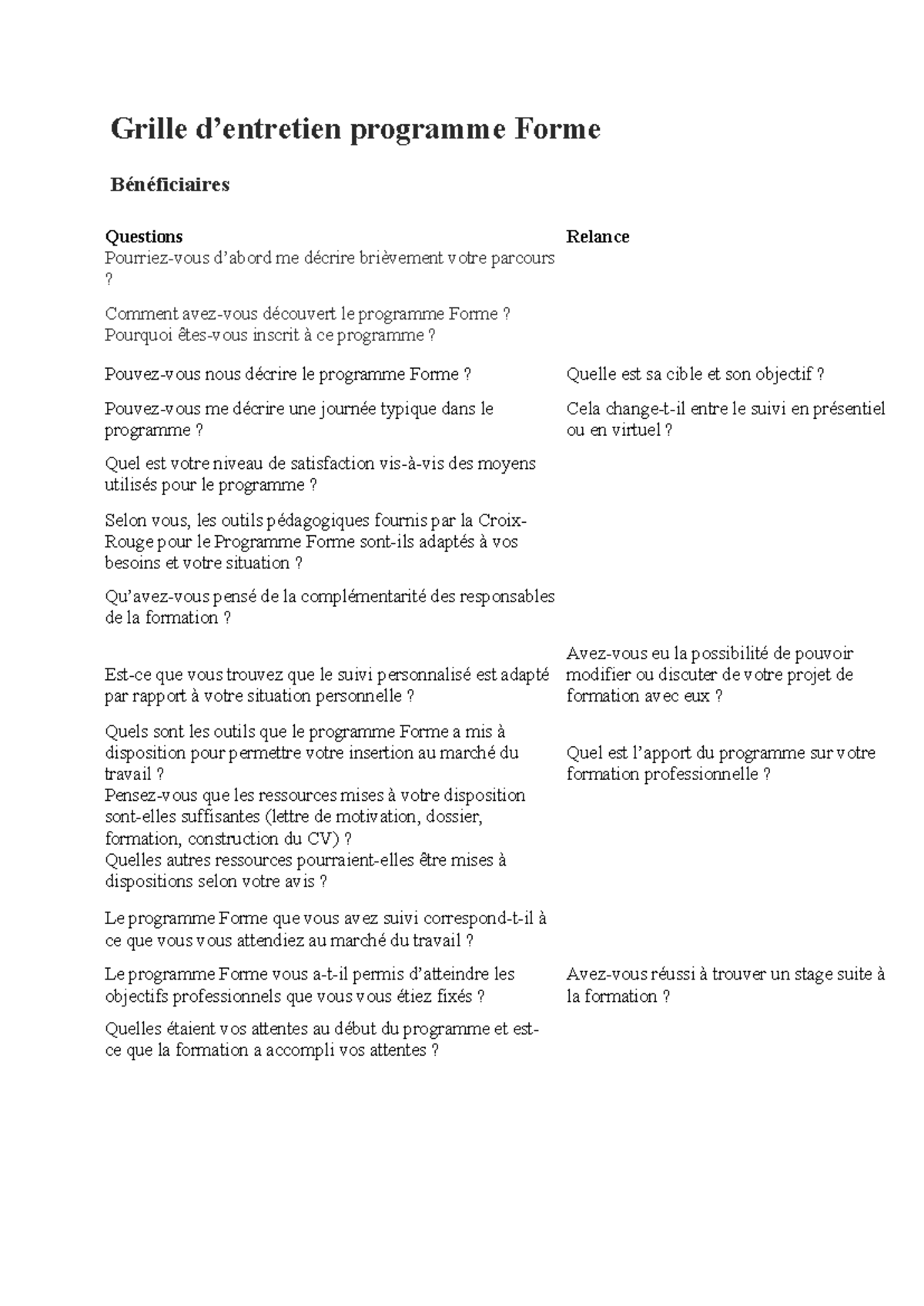 Grille d'entretien pour le Programme Forme - Questions et Évaluations ...