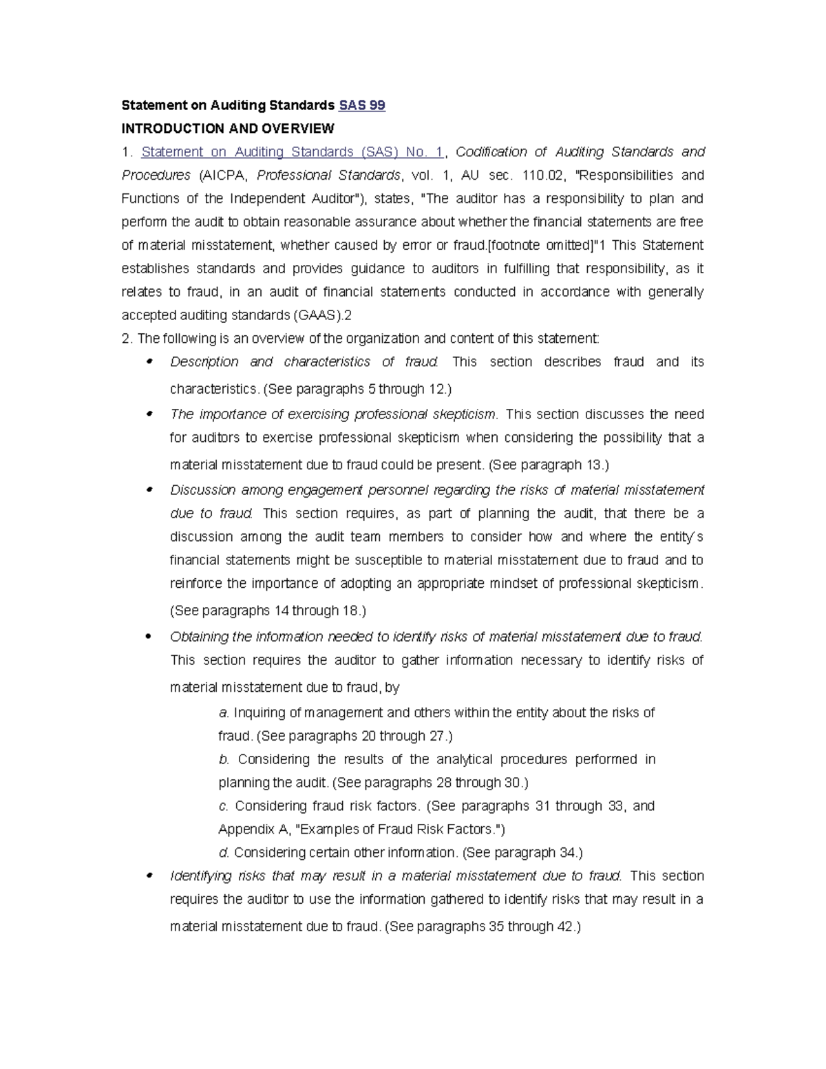 SAS 99: Overview of Fraud Considerations in Financial Audits - Studocu