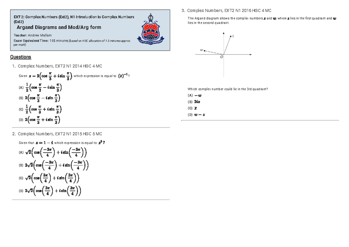 Complex Numbers Revision: EXT2 N1 Argand Diagrams & HSC MC Questions ...