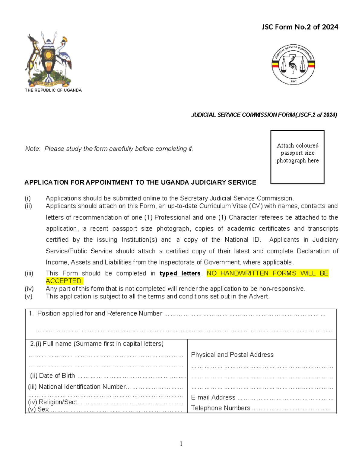 JSC Application Form No. 2 for Uganda Judiciary Service 2024 - Studocu