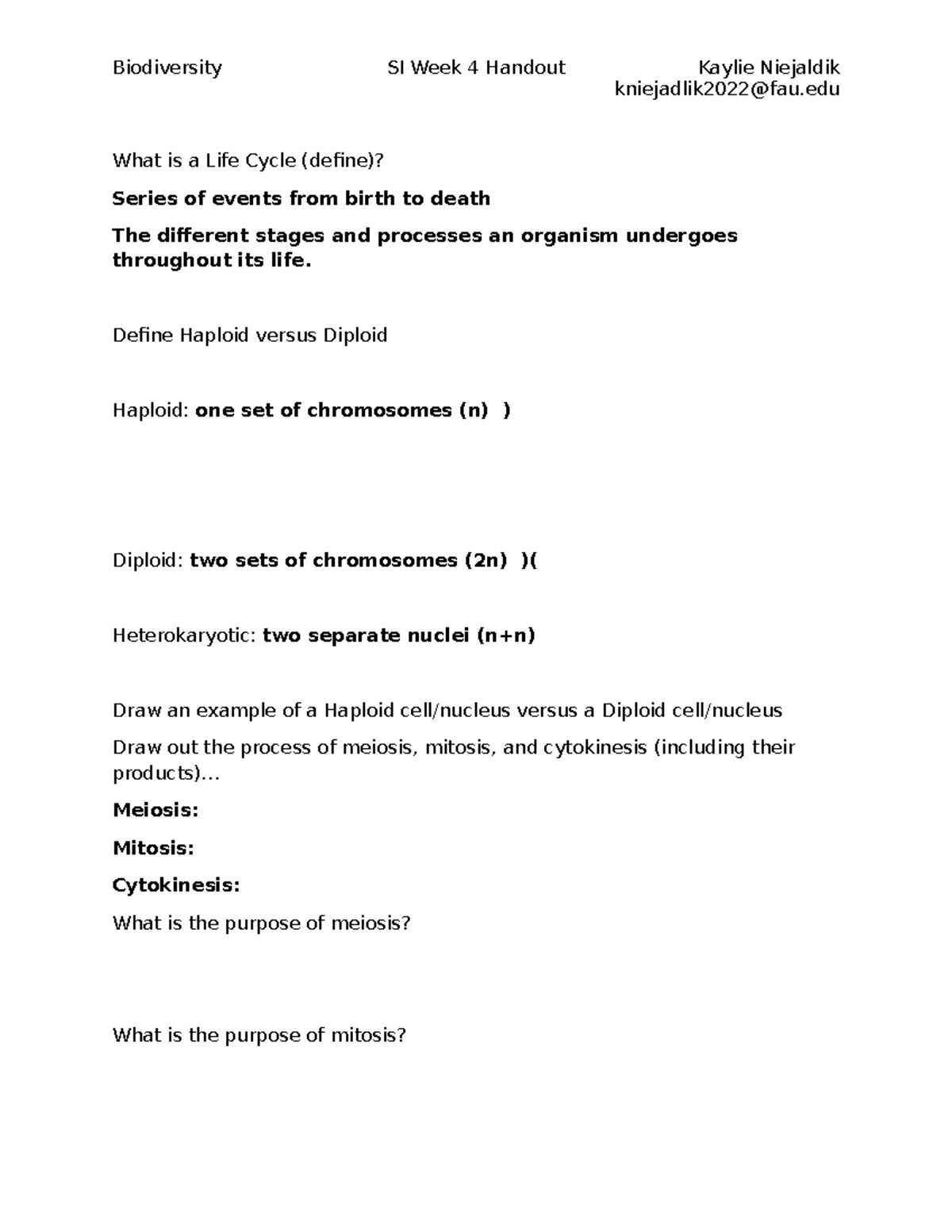 Biodiversity SI Week 4 Handout: Life Cycles & Fungi Overview - Studocu