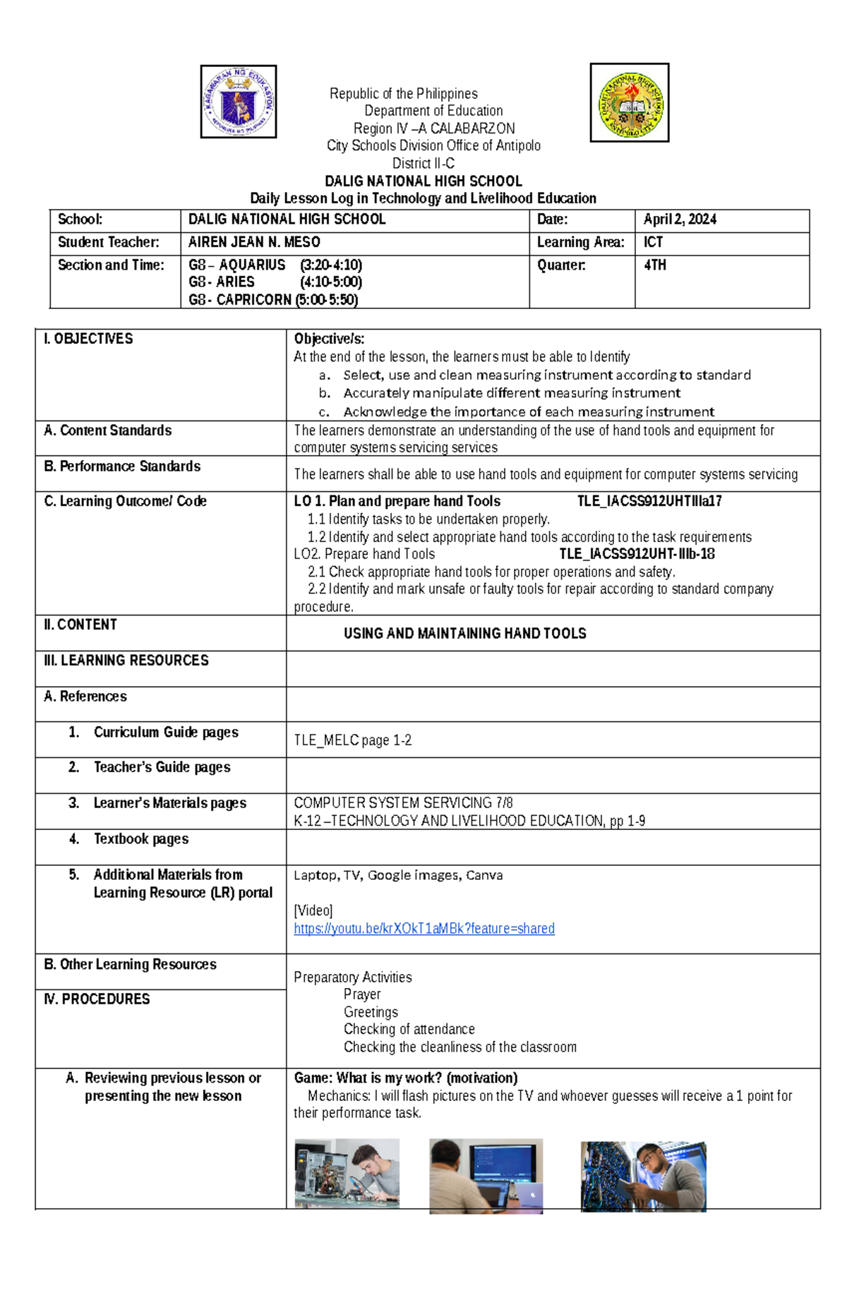 DLL-CSS-Using & Maintaining Hand Tools for G8 ICT Lesson Plan - Studocu