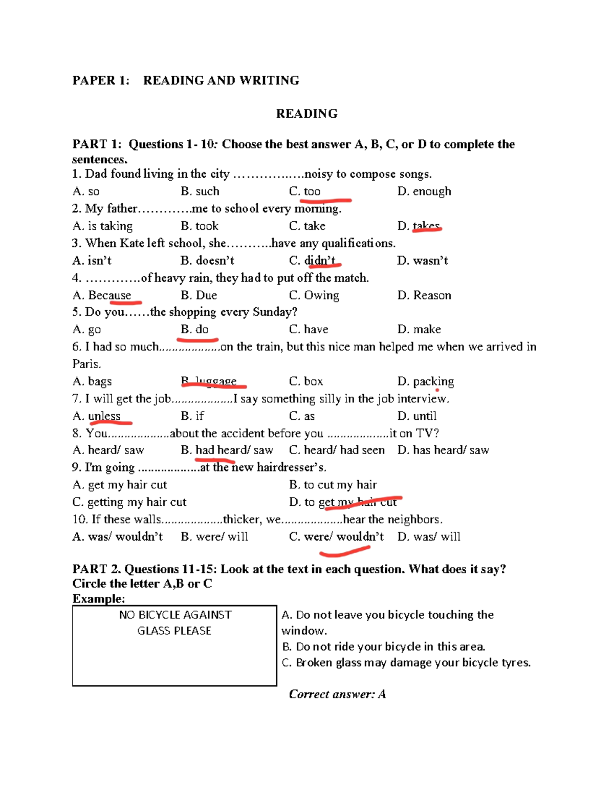 PAPER 1: READING AND WRITING TEST 7 - Questions and Answers - Studocu