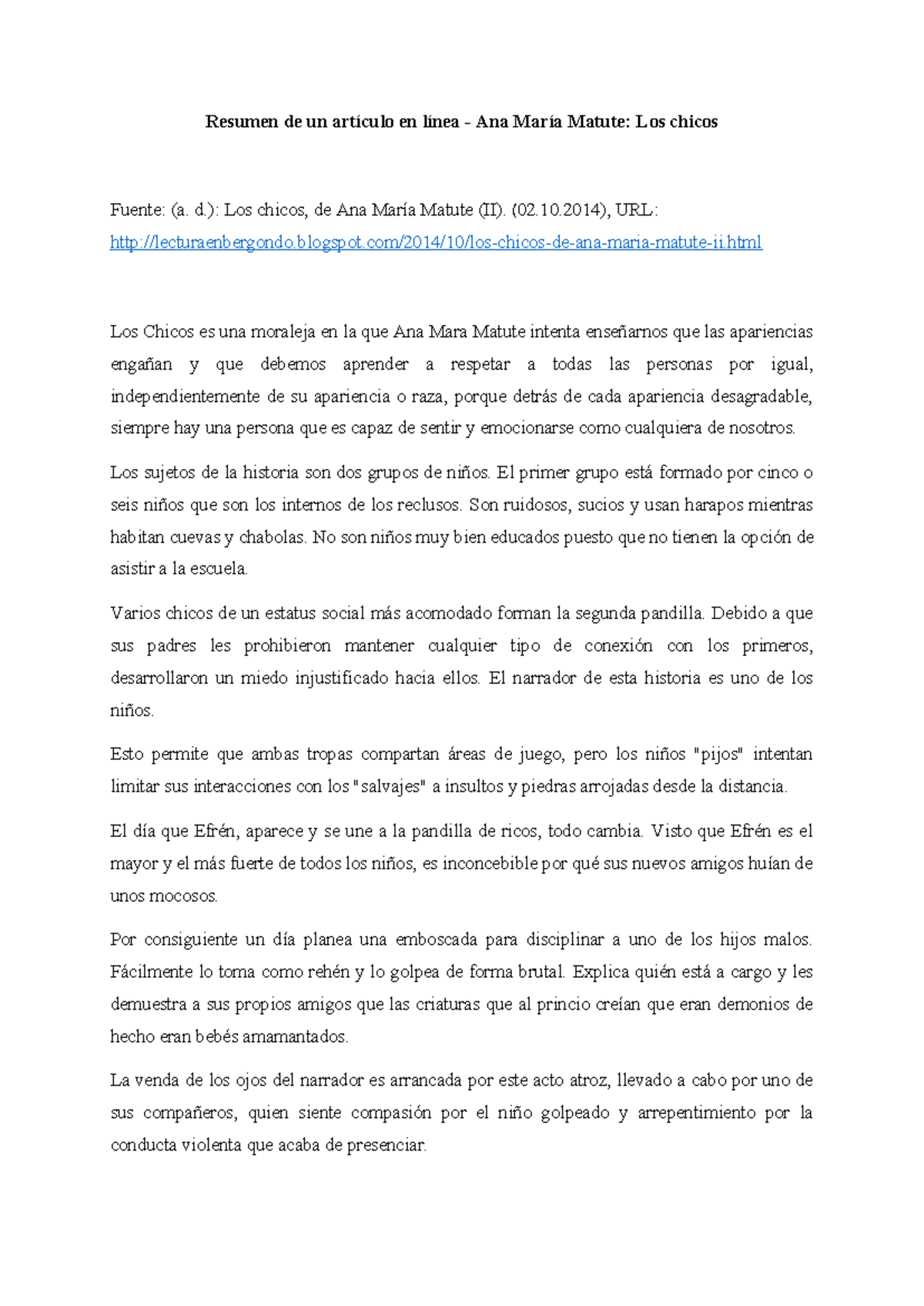 Resumen de un artículo - d.): Los chicos, de Ana María Matute (II). (02 ...