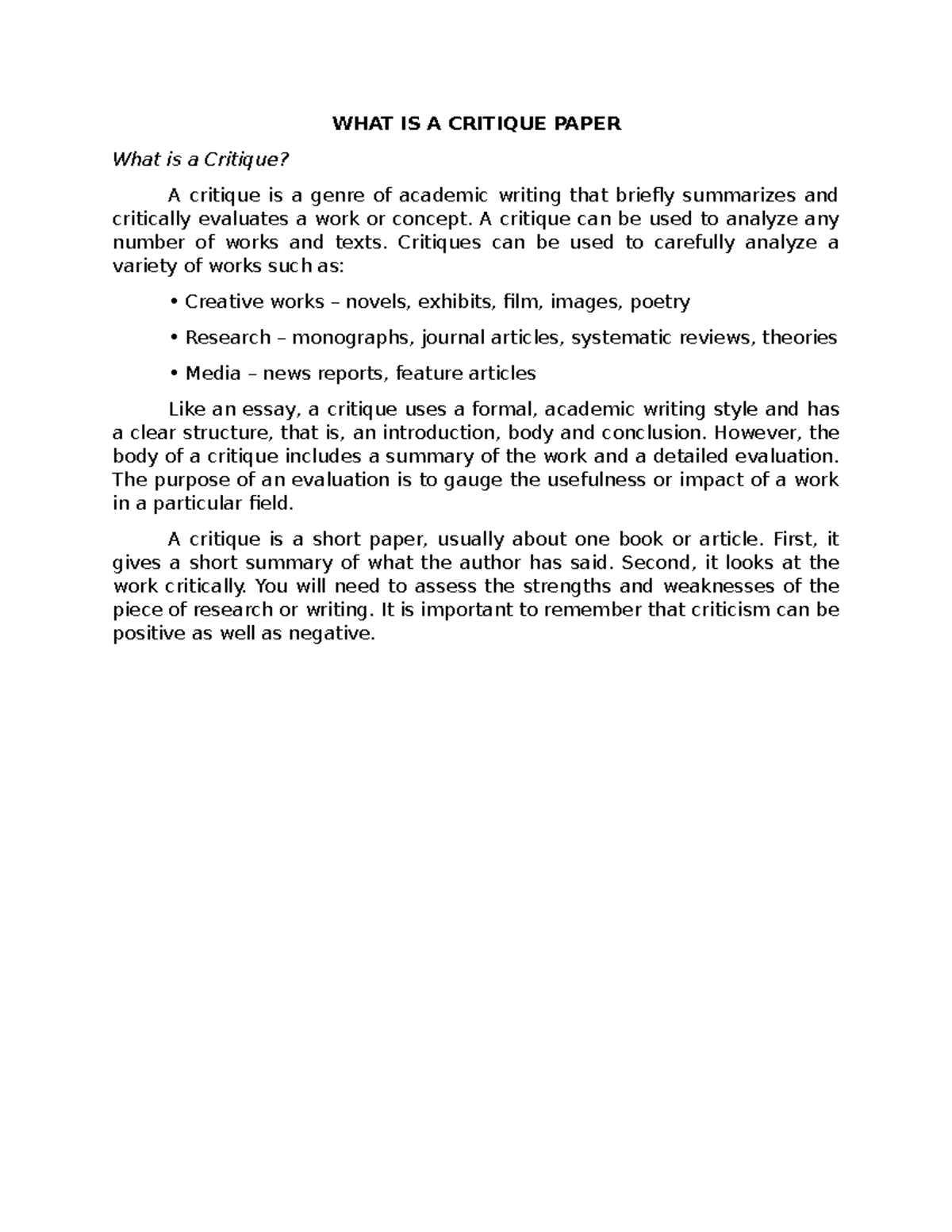 Understanding the Critique Paper: Definition and Structure - Studocu