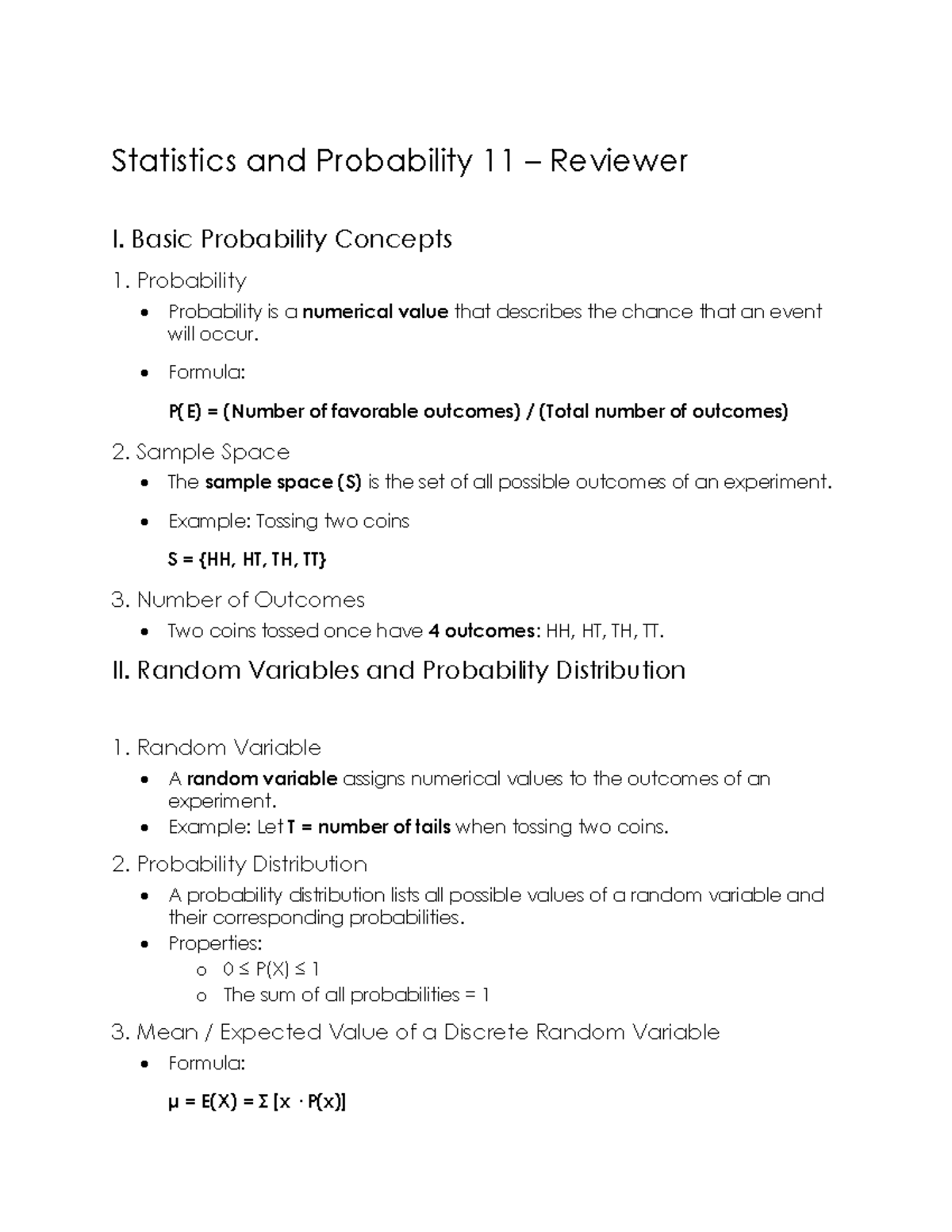 Statistics and Probability 11 Final Exam Reviewer: Basic Concepts - Studocu