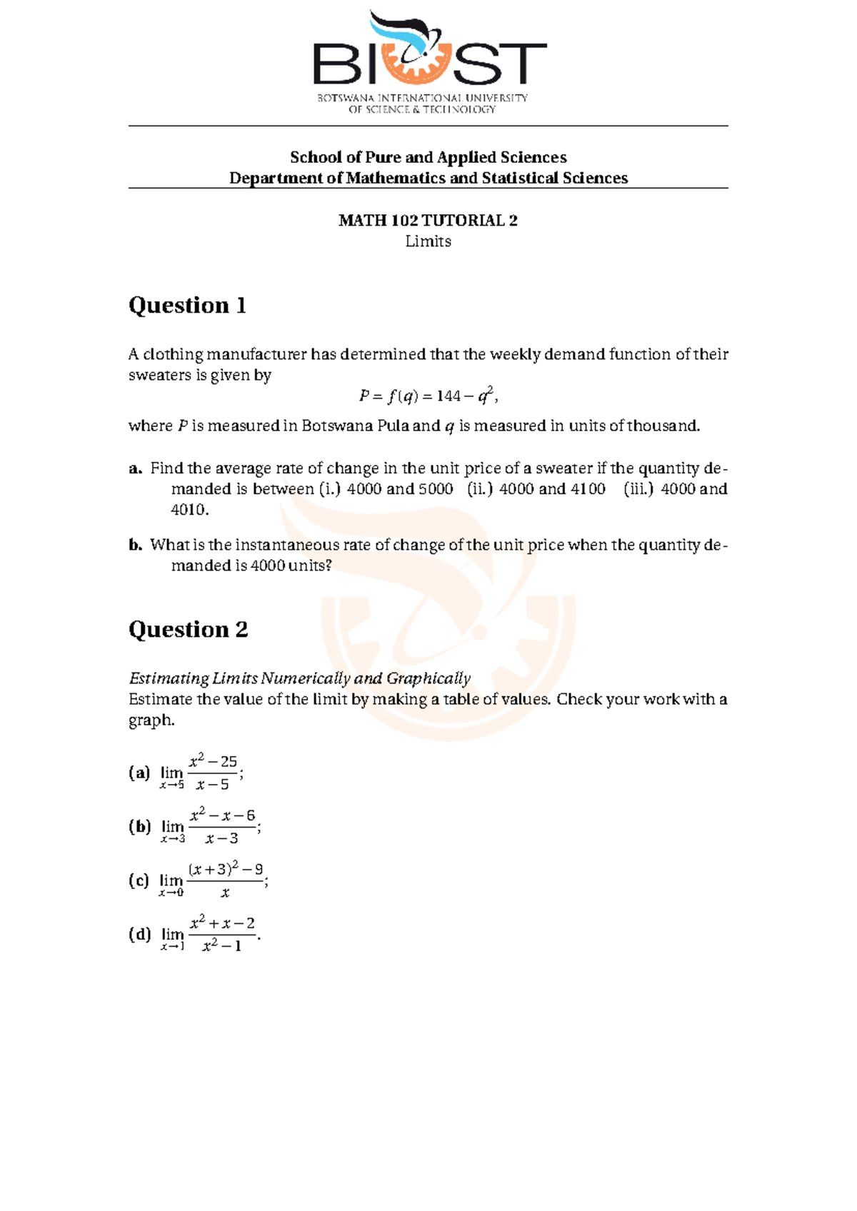 MATH 102 Tutorial 2 - Limits - School of Pure and Applied Sciences ...