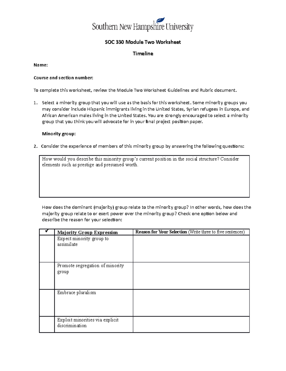 SOC 330 Module 2 Worksheet: Exploring Minority Group Experiences - Studocu