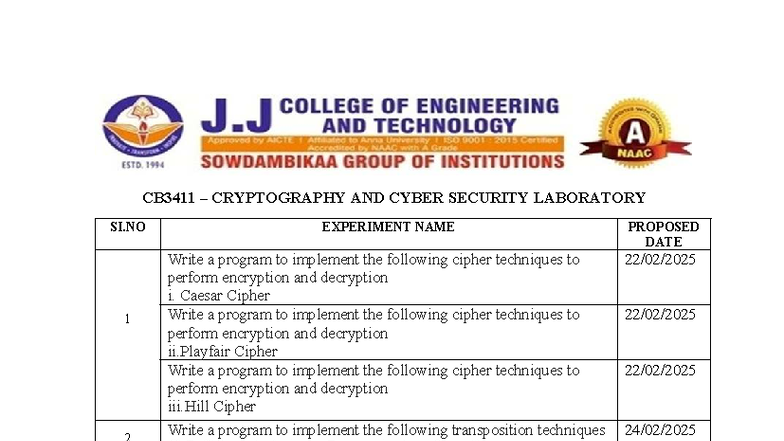 CB3411 - Crypto & Cyber Security Lab Plan with Experiments - Studocu