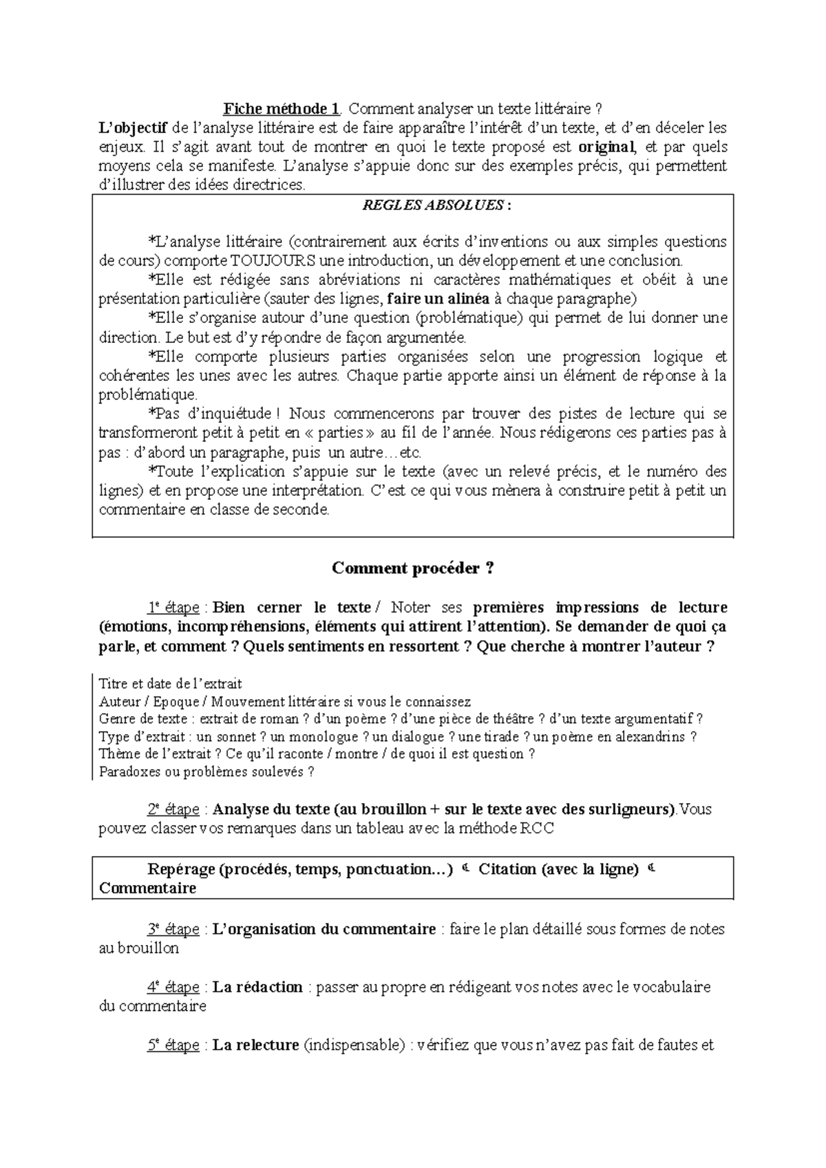 Méthode d'Analyse Littéraire - Fiche 1 (Littérature) - Studocu