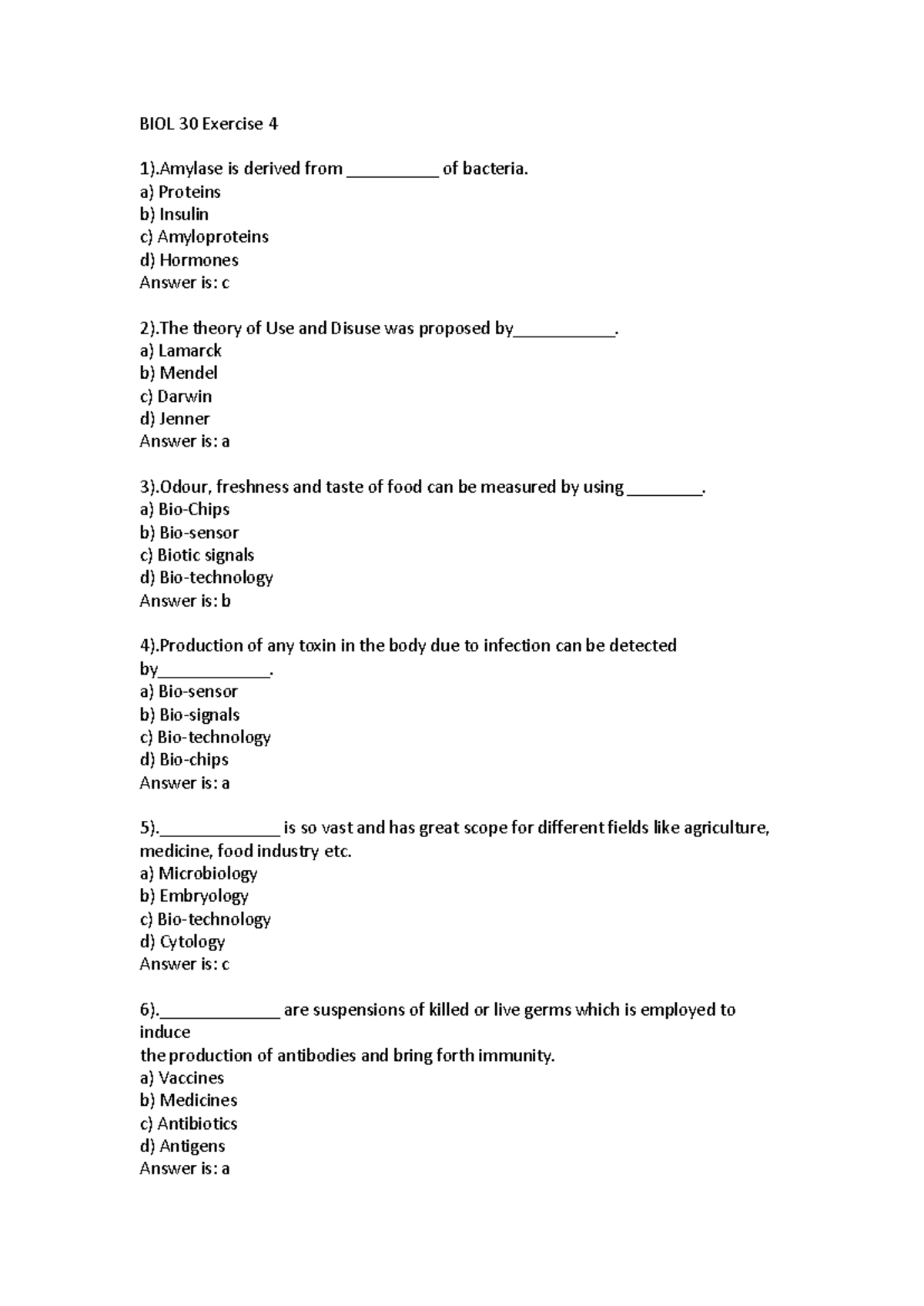 BIOL 30 Exercise 4 - BIOL 30 Exercise 4 1).Amylase is derived from ...