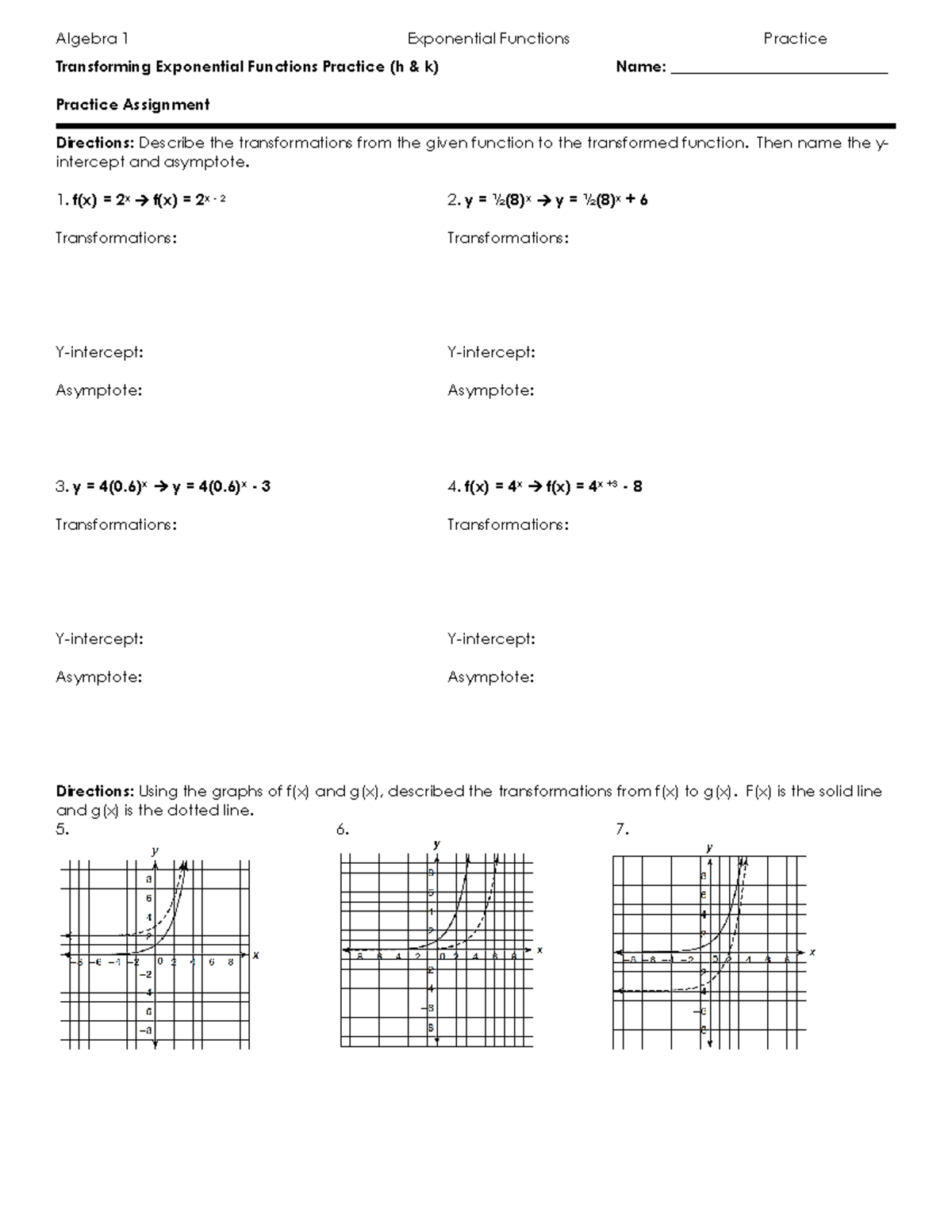 Algebra 1 Exponential Functions Transformations (H & K) Practice - Studocu