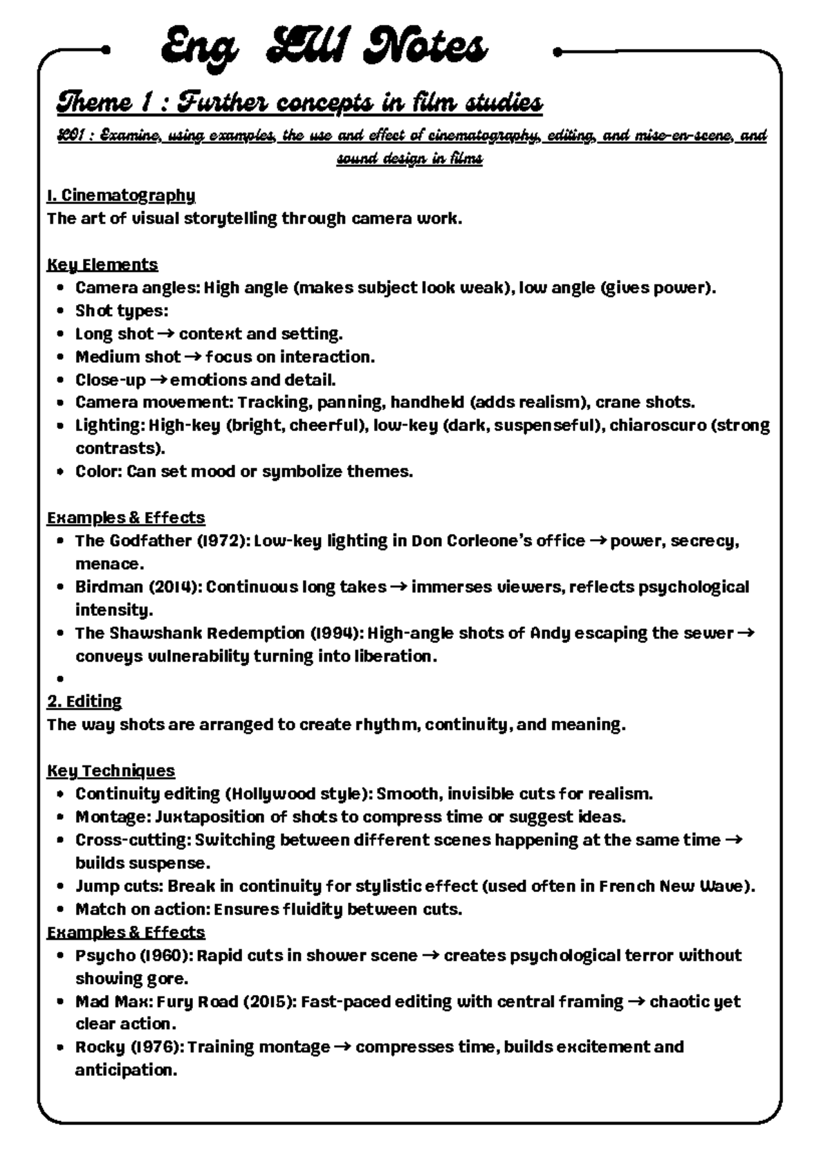 ENG LU1 Theme 1 Notes: Cinematography, Editing, and Sound Design in ...