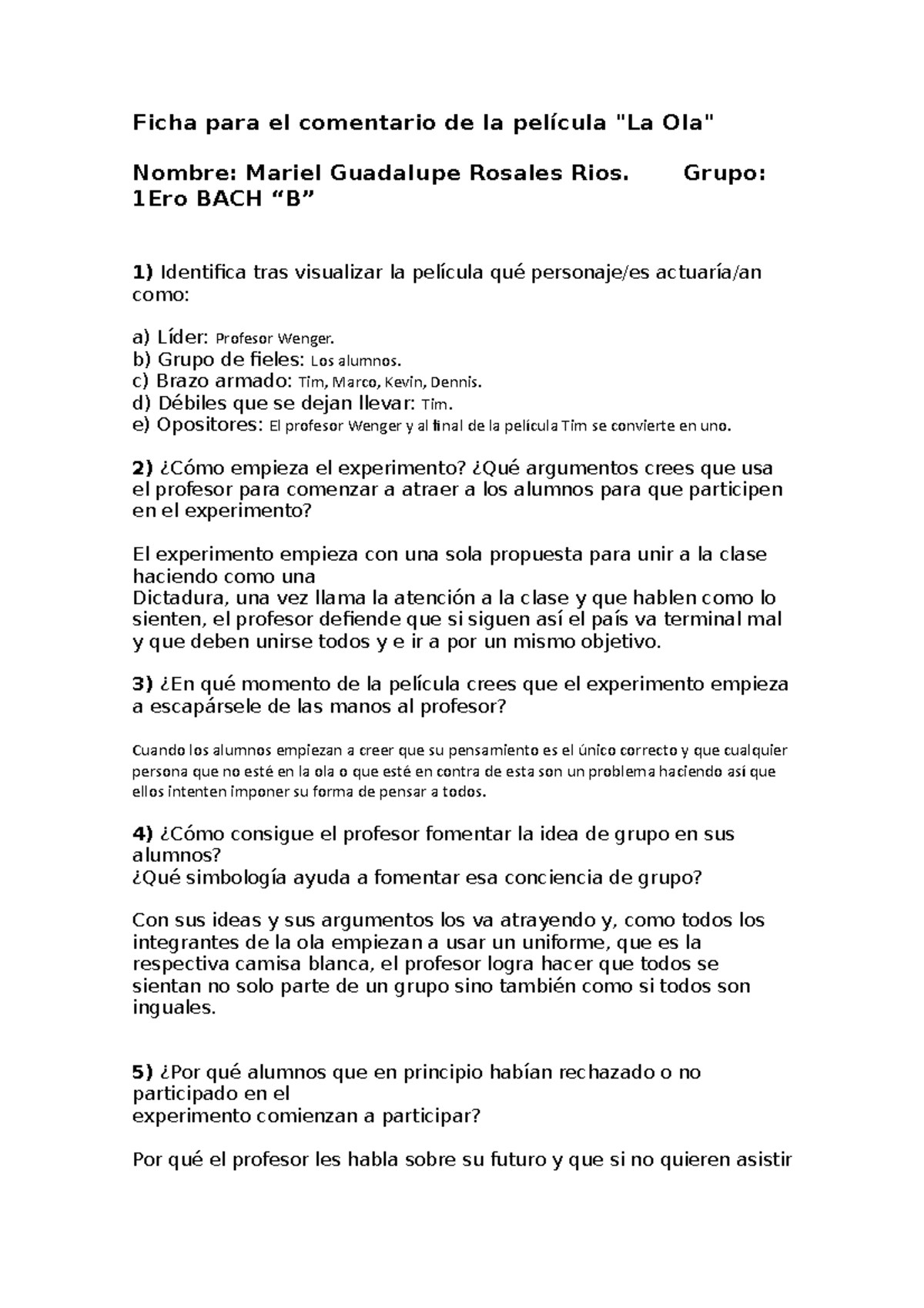 Película La Ola. preguntas y respuestas. mmmm - Ficha para el ...