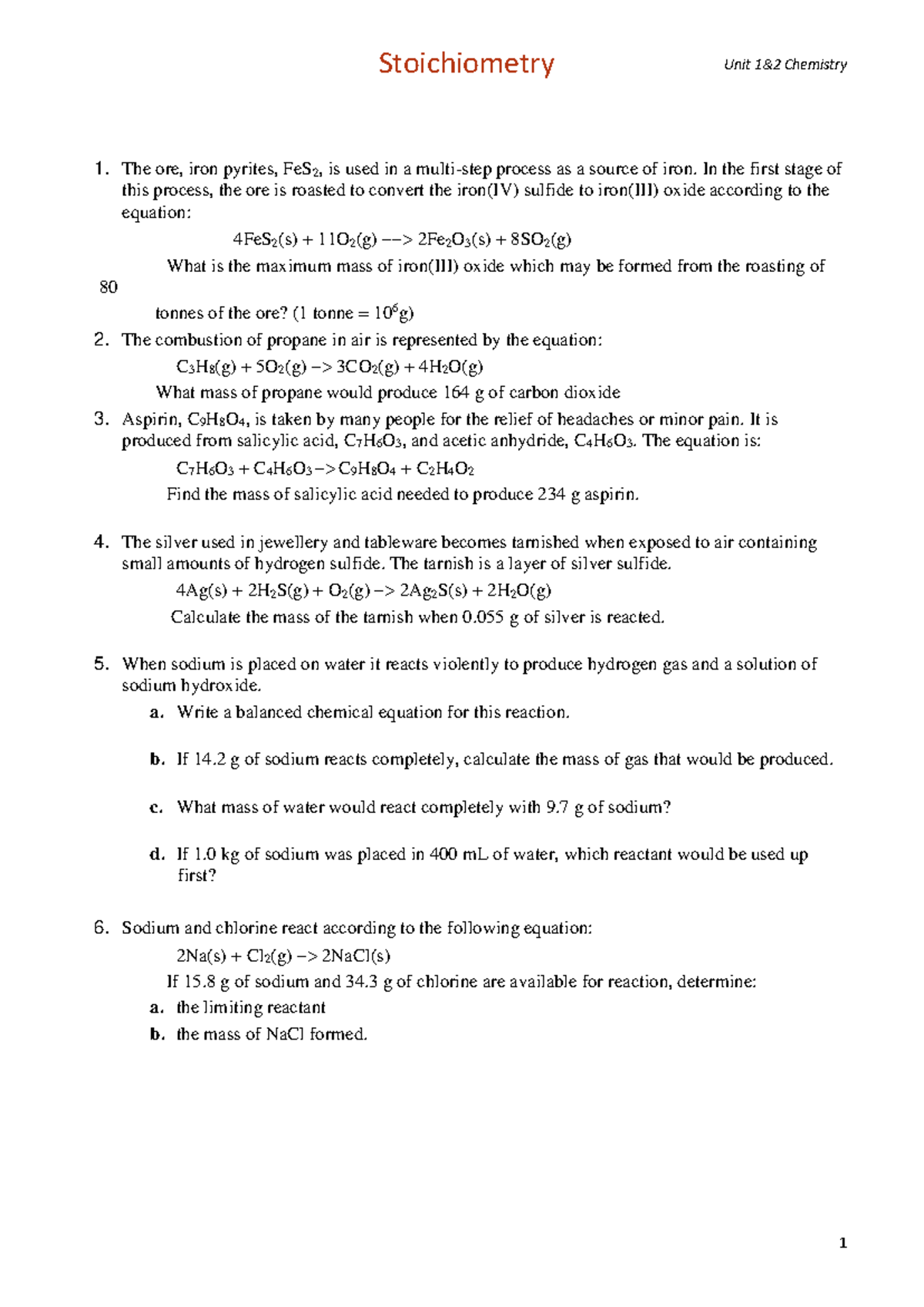 Stoichiometry Worksheet - Unit 1&2 Chemistry 1 Stoichiometry The ore ...