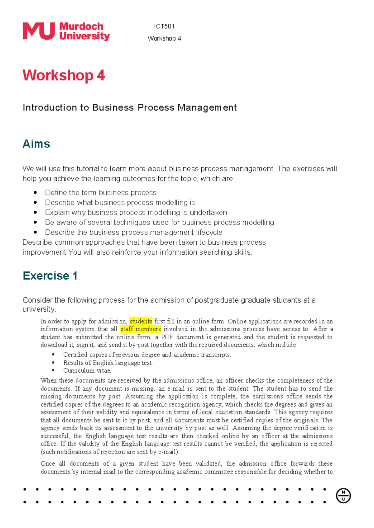 ICT501 WS4 - tute - ICT Workshop 4 Workshop 4 Introduction to Business ...