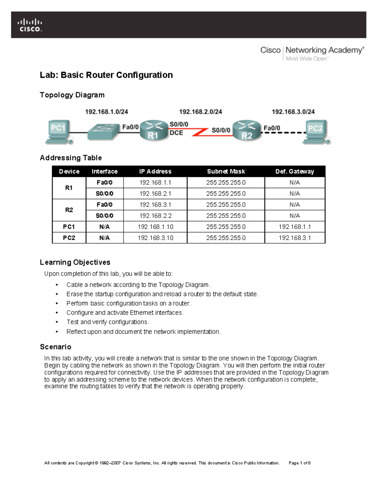 Lab 2 - Router Config - Practical for networking - Lab: Basic Router Configuration Topology ...