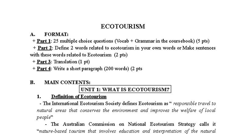 ECOTOURISM STUDY GUIDE: Key Concepts & Exam Prep (Course Code: ECOT 101 ...