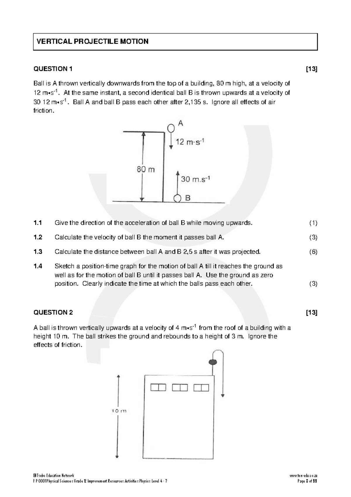 Vertical Projectile Motion Questions - Physics Grade 12 (F P) - Studocu