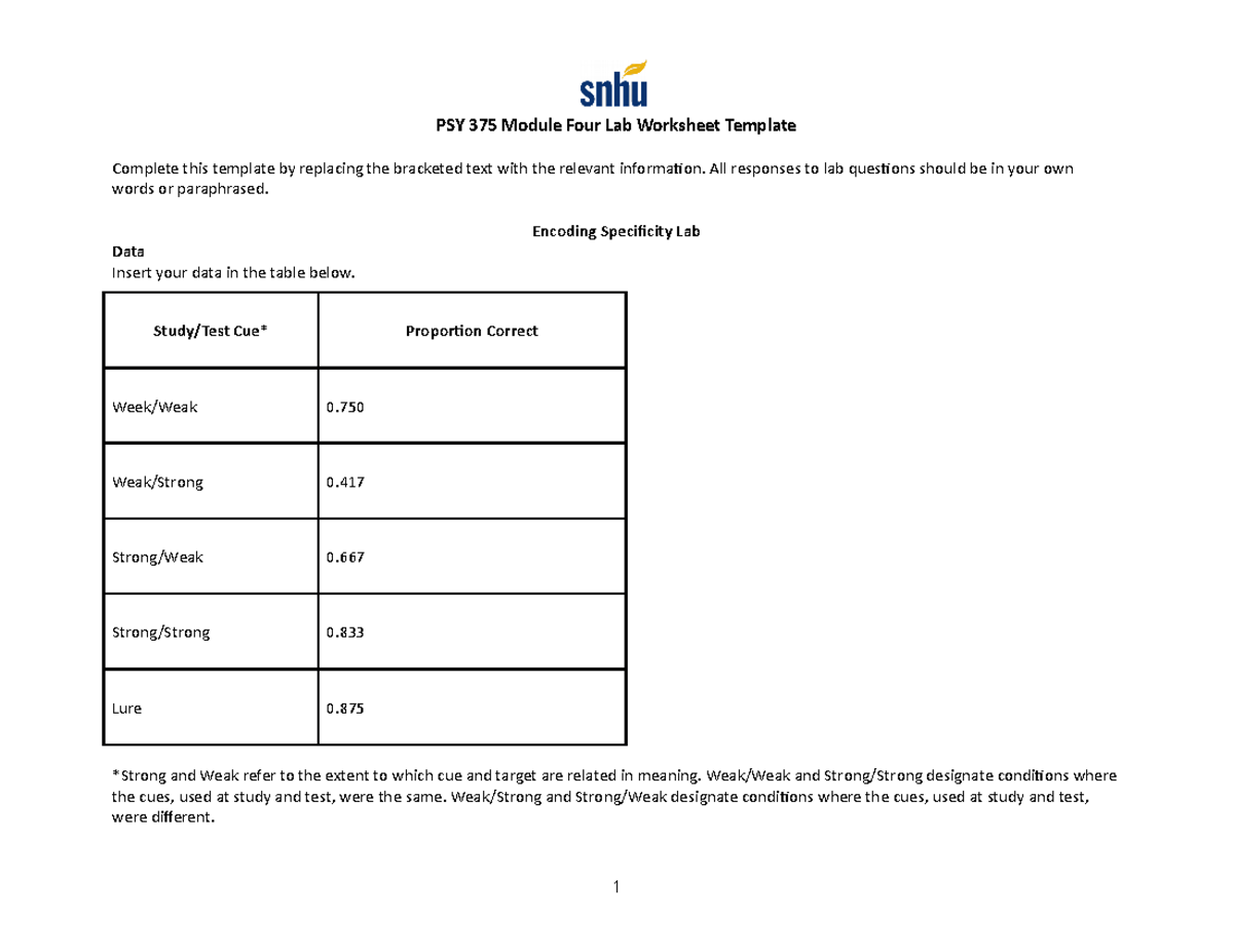 PSY 375 Encoding Specificity & Levels of Processing Lab Worksheet - Studocu