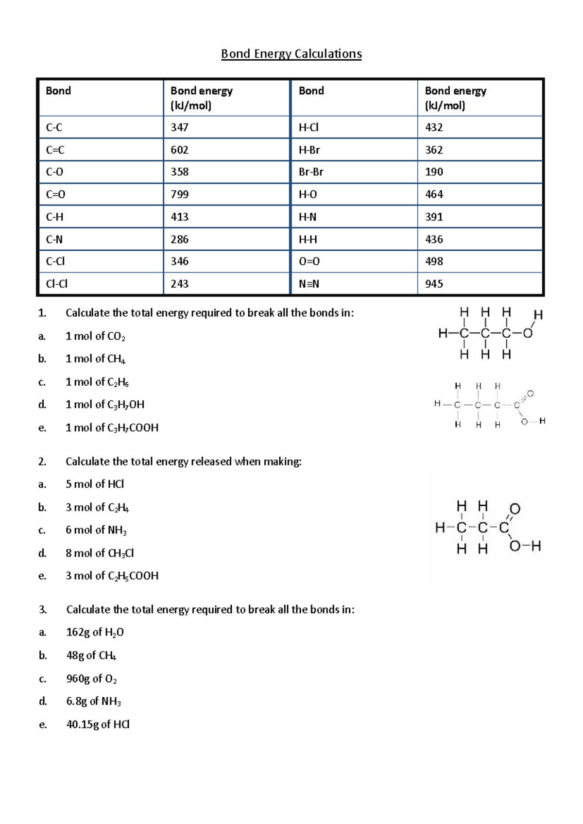 Bond Energy Calculations Worksheet for Chemistry 101 - Studocu