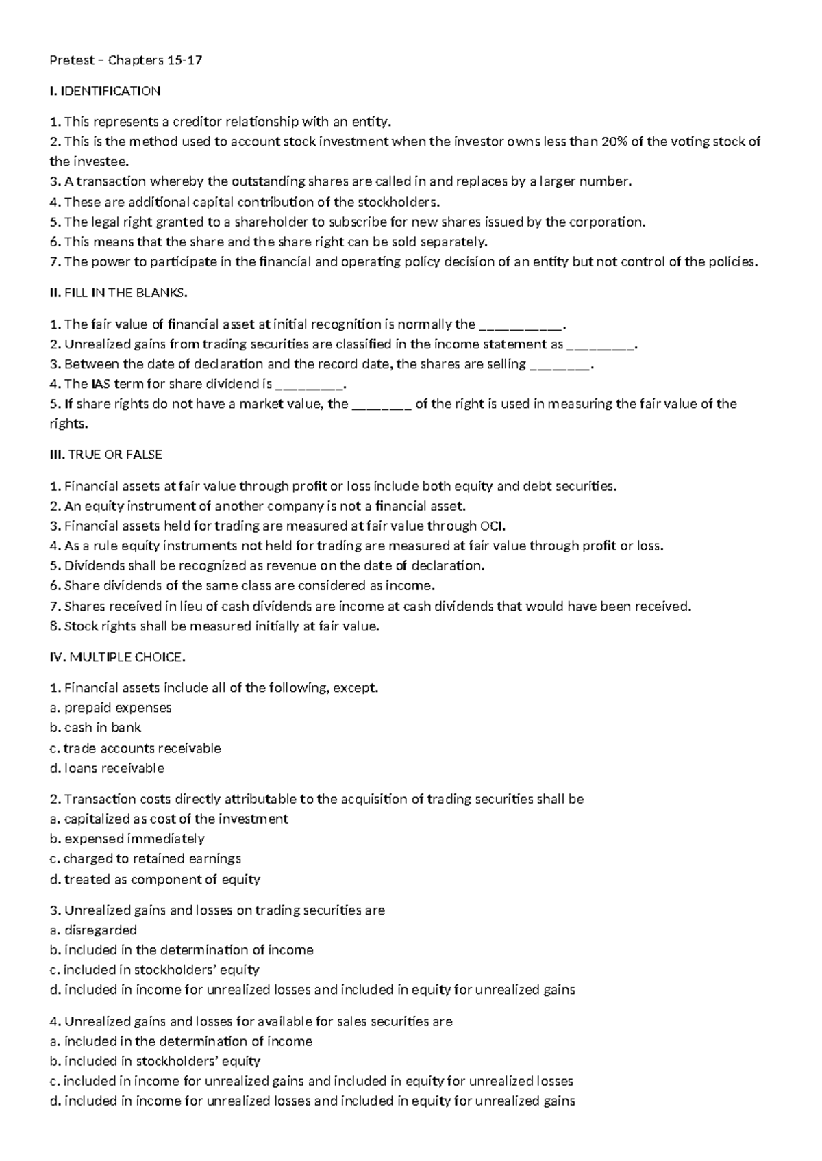 Pretest Chapters 15 17 - Accounting practice materials - Pretest ...