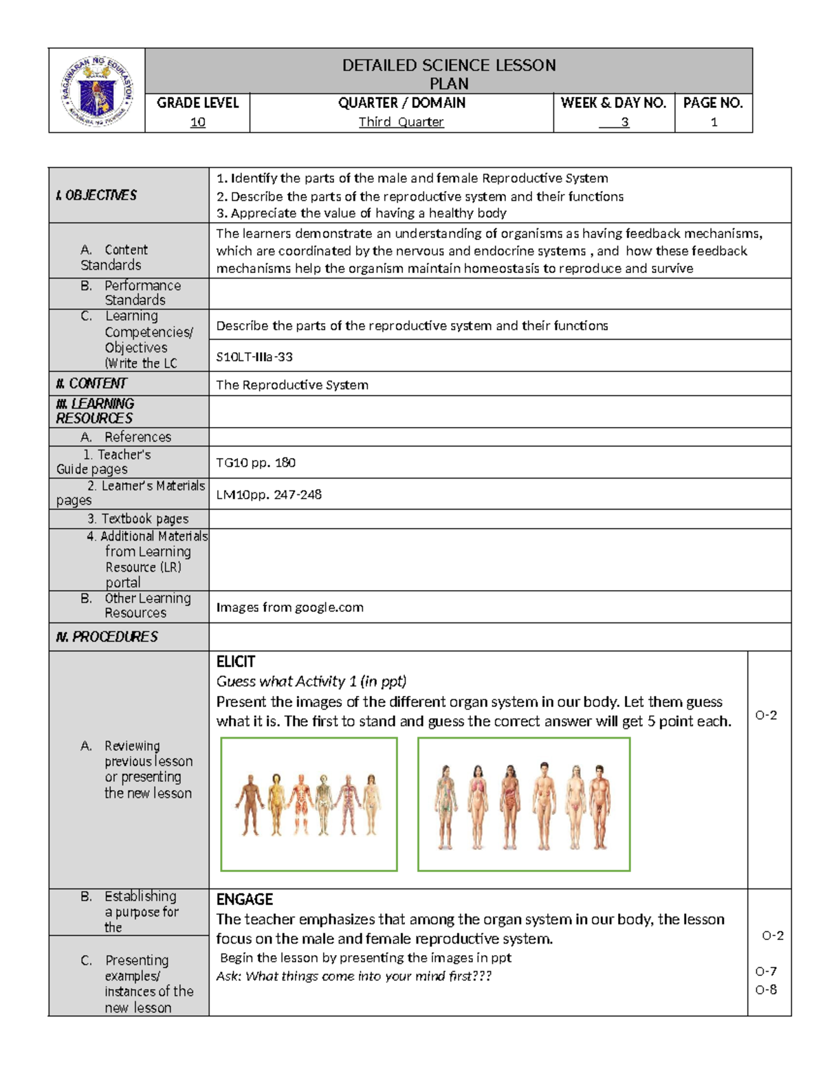Grade 10 Science Lesson Plan: The Reproductive System (3rd Quarter ...