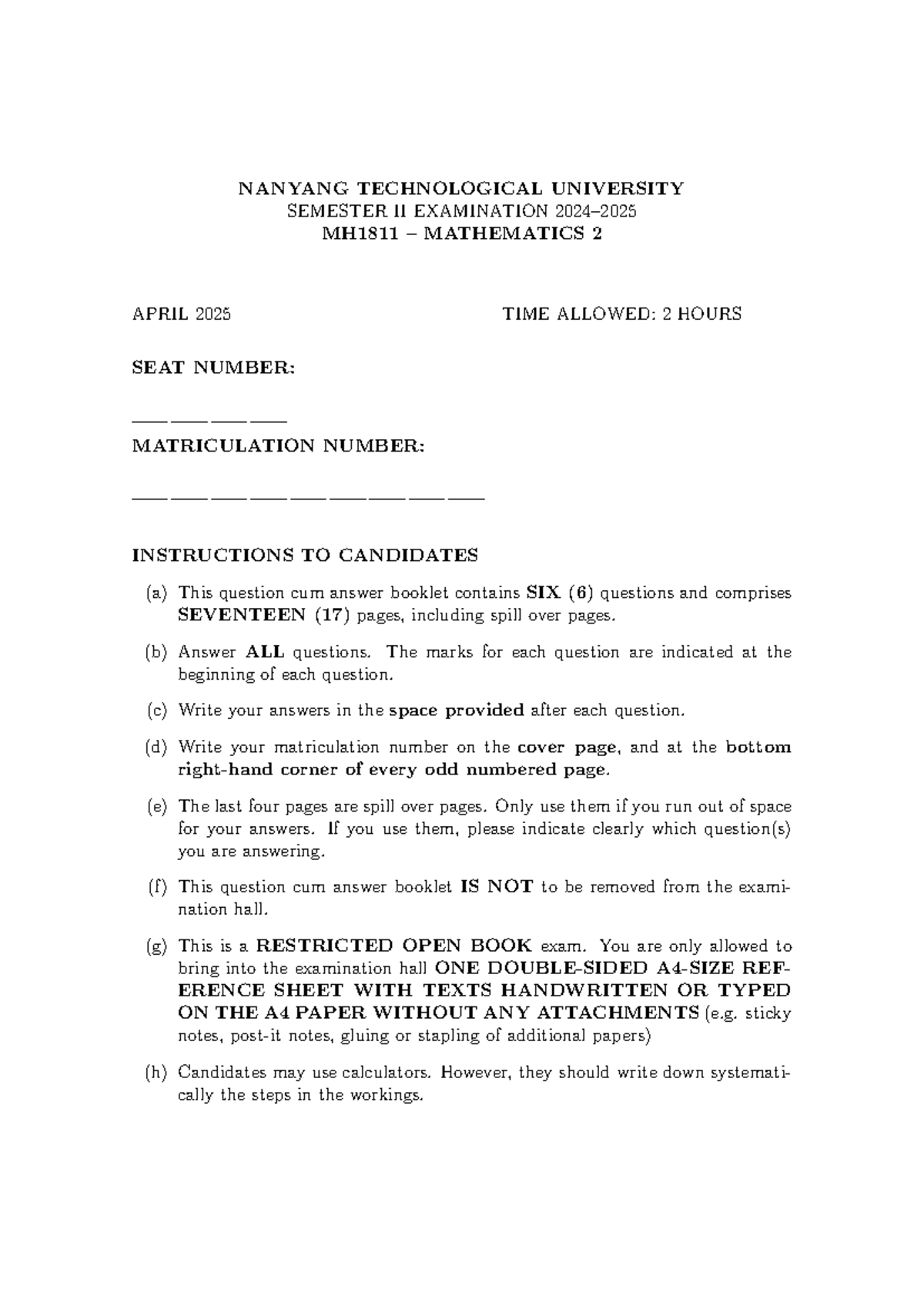 MH1811 Mathematics 2 Final Exam Questions - April 2025 - Studocu