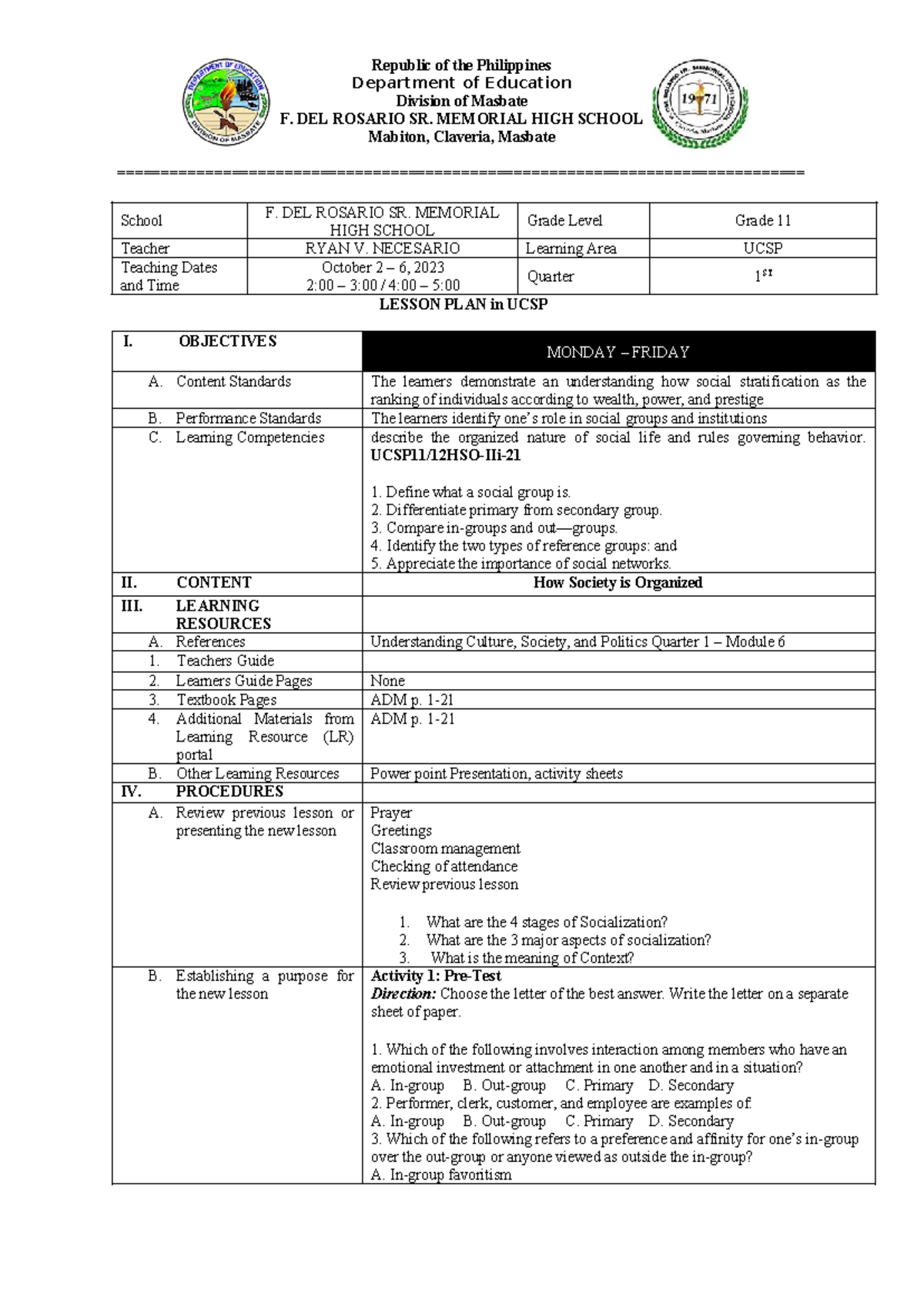 Grade 11 UCSP Lesson Plan: Understanding Social Groups and ...