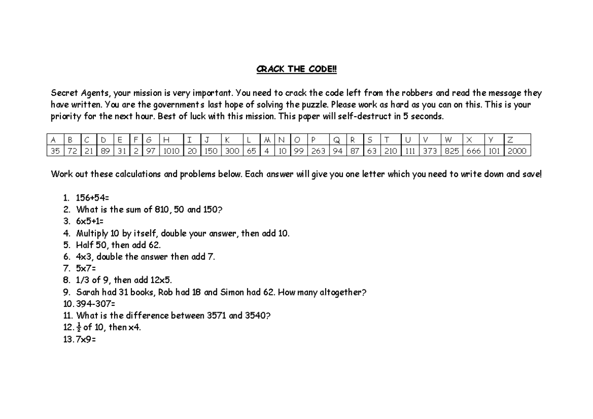 CRACK THE CODE!! Secret Agents Mission - Solve the Puzzle - Studocu