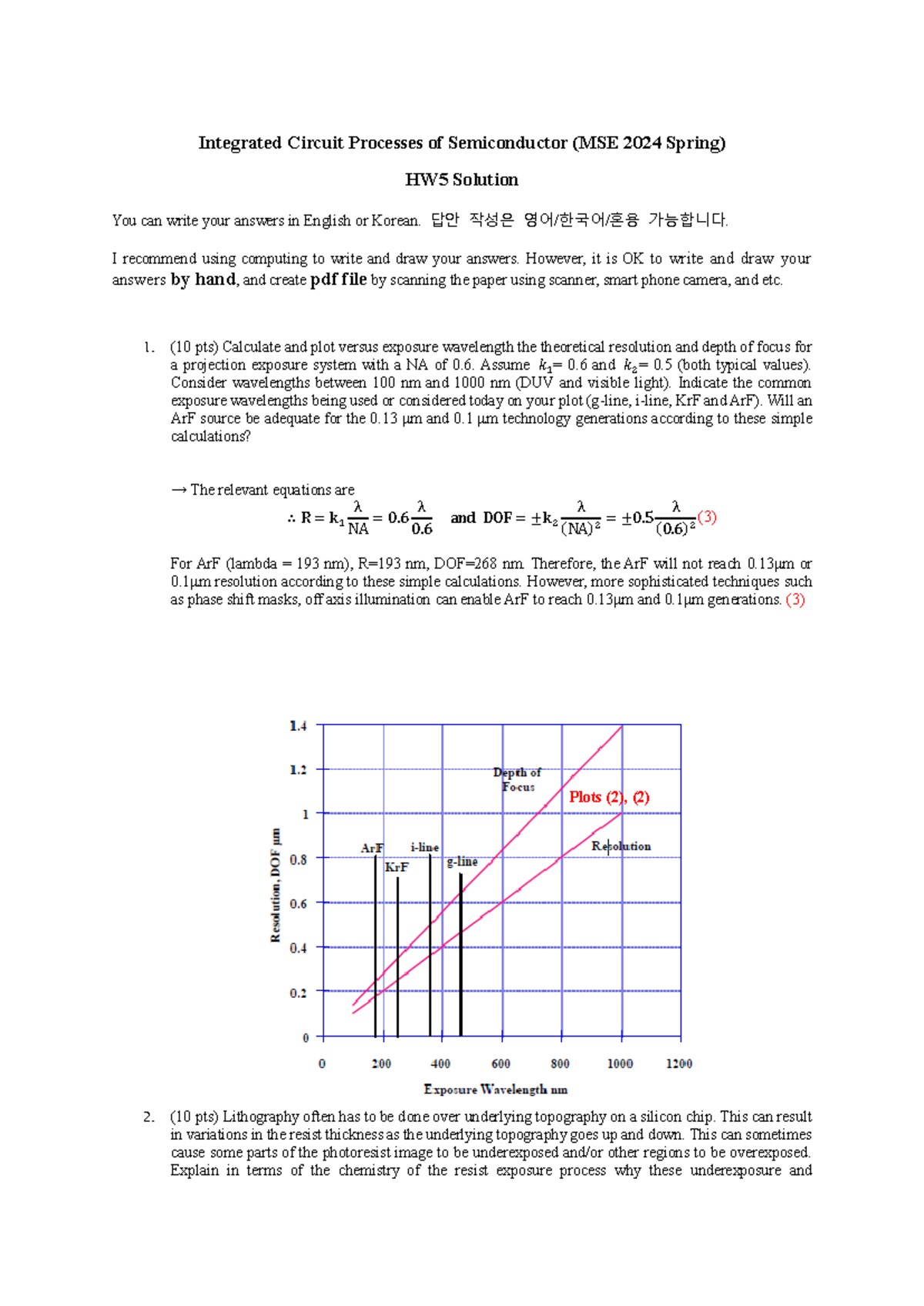 MSE 2024 Spring HW5 Solutions: Integrated Circuit Processes - Studocu