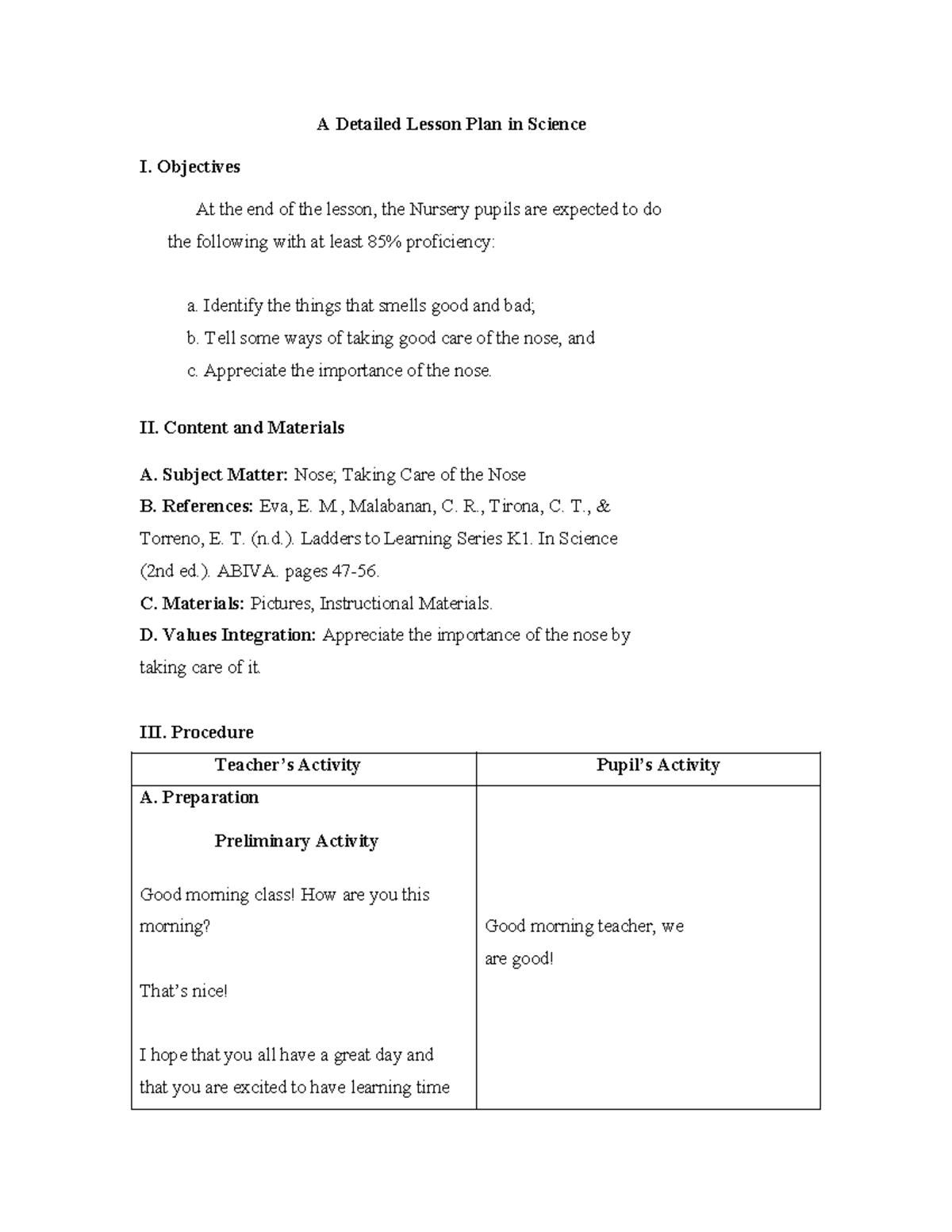 A Comprehensive Lesson Plan for Nursery Science: Focus on the Nose ...