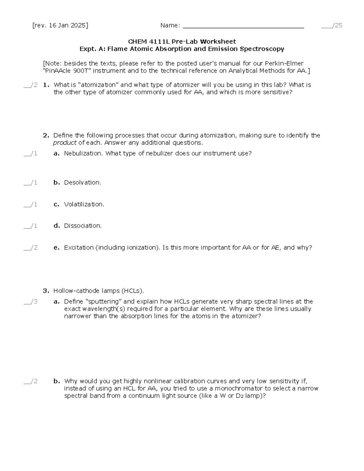 CHEM S25 Lab: Flame Atomic Absorption & Emission Spectroscopy Prelab ...