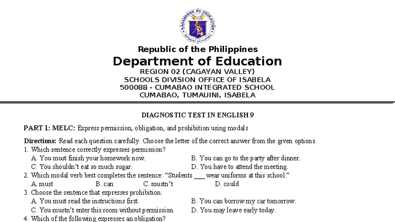 Diagnostic Test in English 9: Modals & Conditionals - Studocu