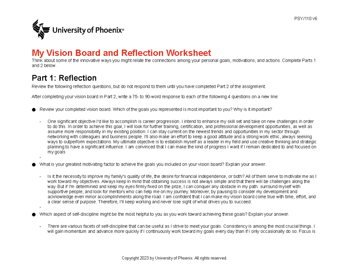 PSY/110 v6 Wk5 Vision Board & Reflection Worksheet - Studocu