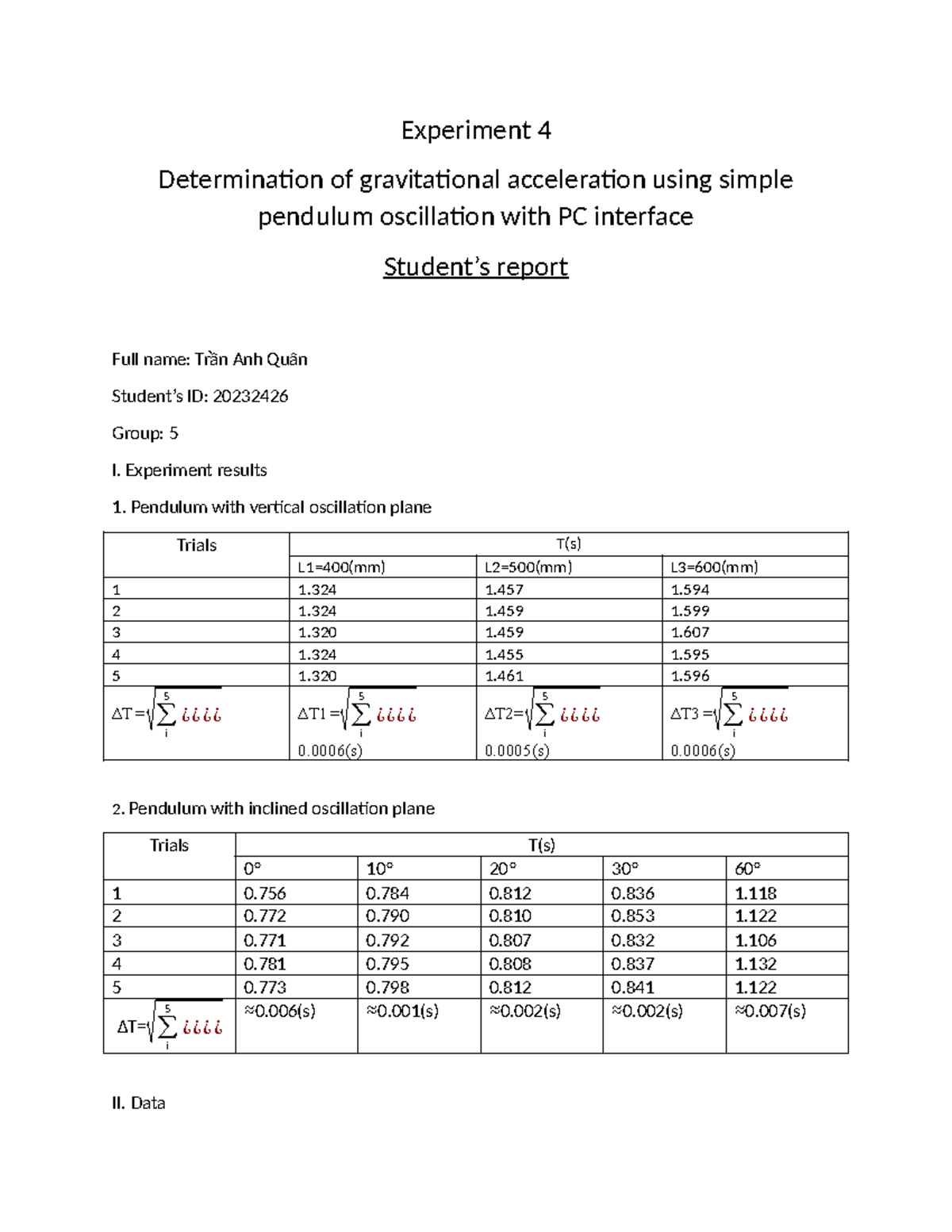 Experiment 4 - Determining Gravitational Acceleration via Pendulum - Studocu