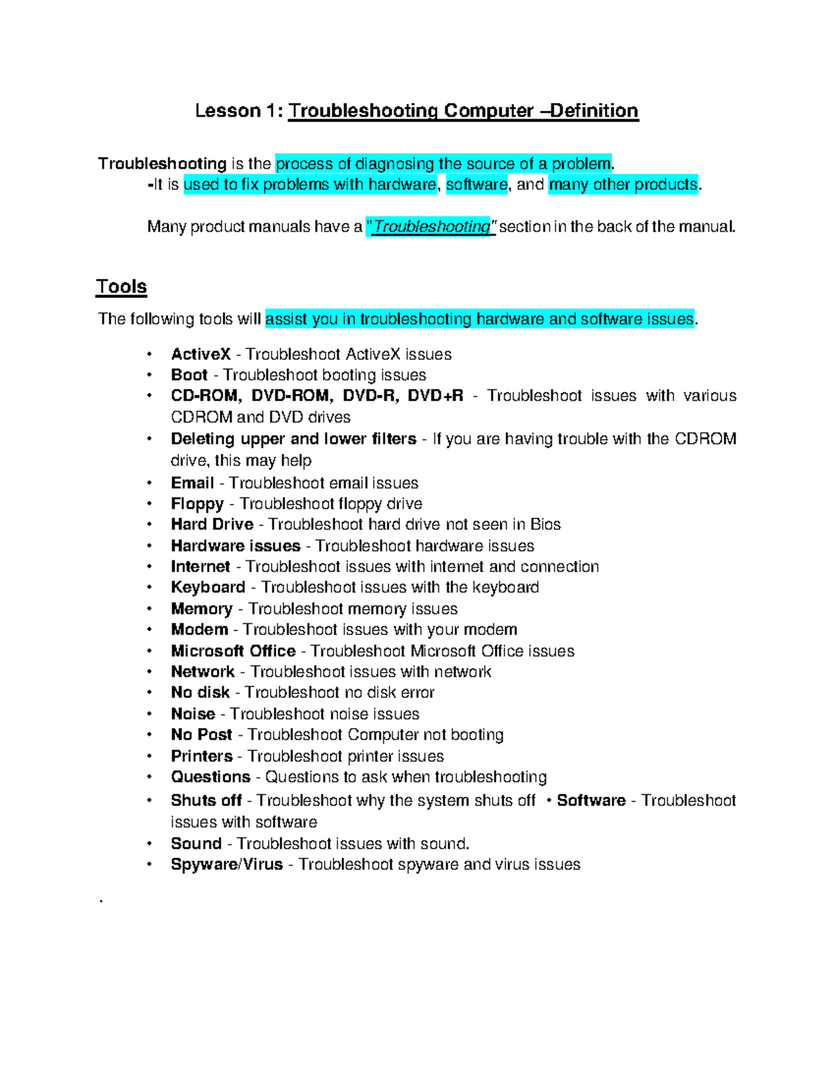 Lesson 1: Computer Troubleshooting Techniques and Tools - Studocu