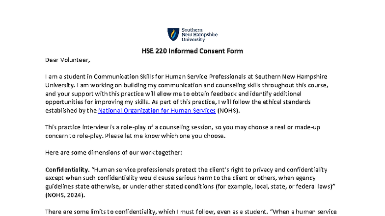 HSE 220 Informed Consent Form for Practice Interview Session - Studocu