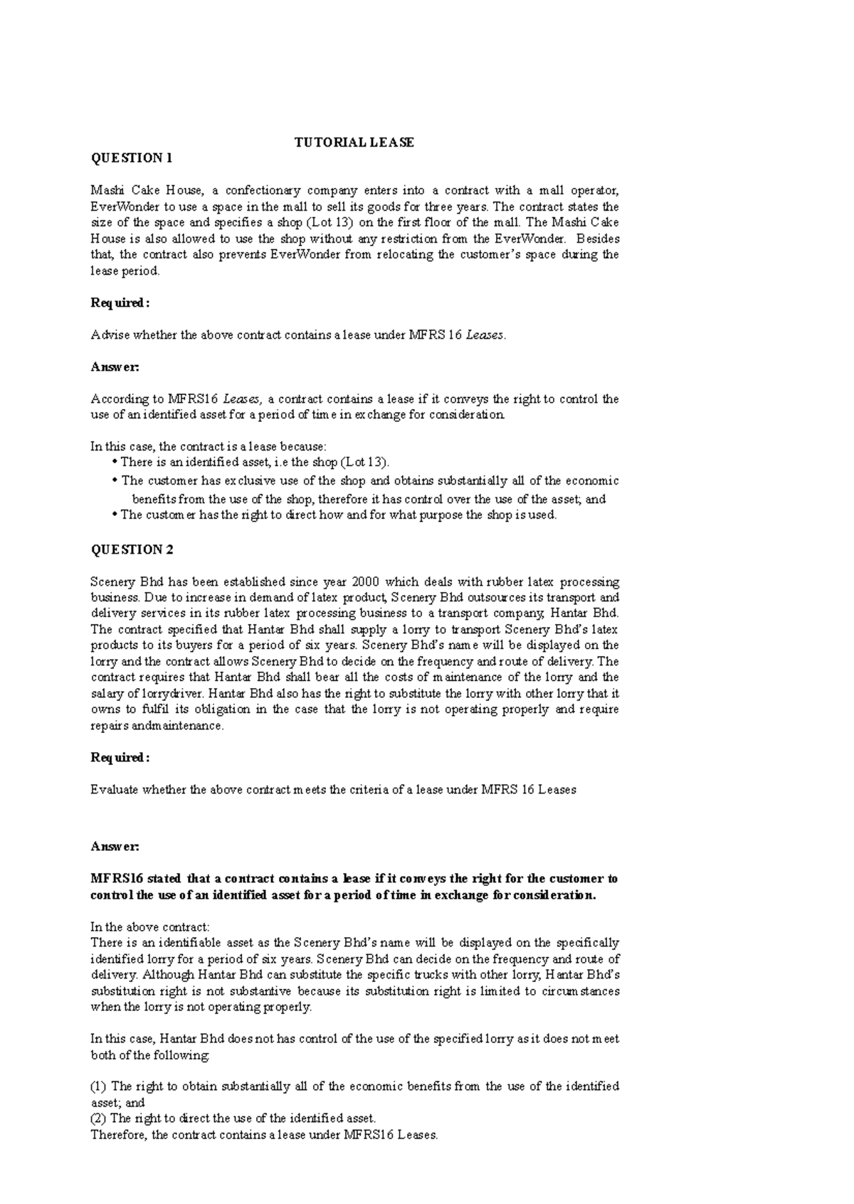 Tutorial Q&A on Leases under MFRS 16 - Updated 2025 - Studocu