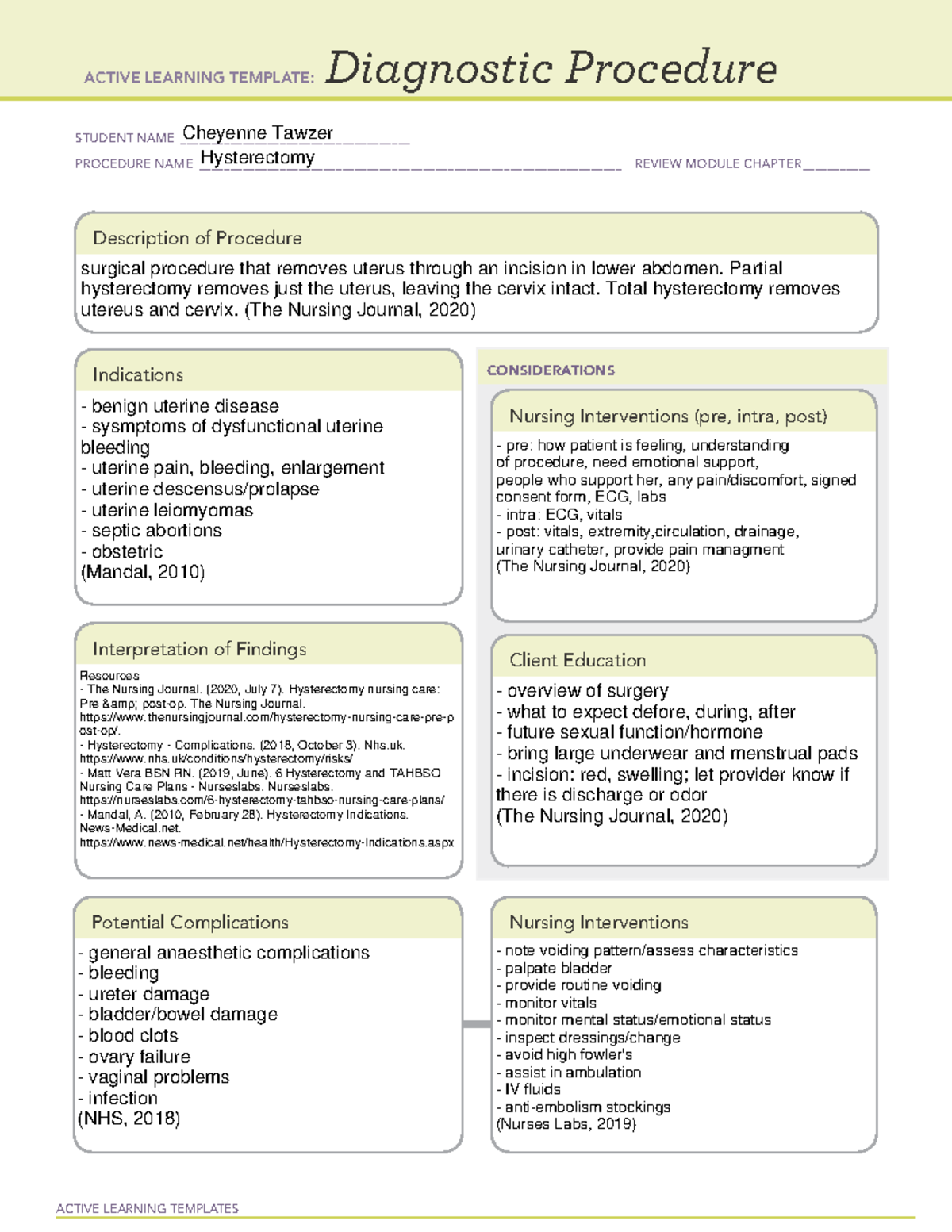 Hysterectomy Nursing Care: Active Learning Template 2 - Studocu
