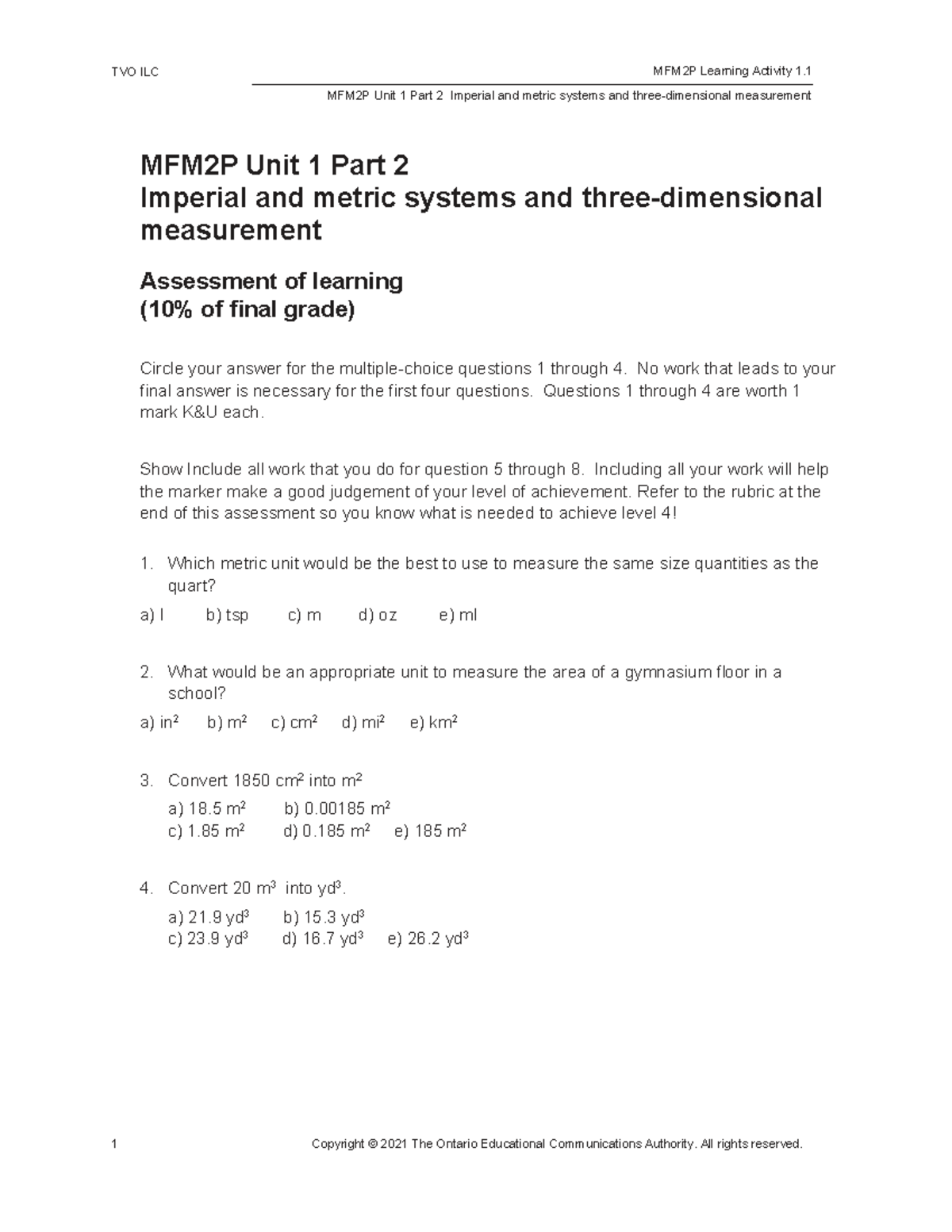 MFM2P Unit 1 Quiz: Imperial & Metric Systems Measurement - Studocu