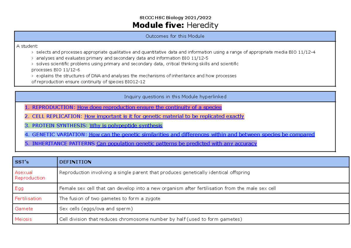 Mod5 Heredity HSC BIO Study Notes: Key Concepts & Processes - Studocu